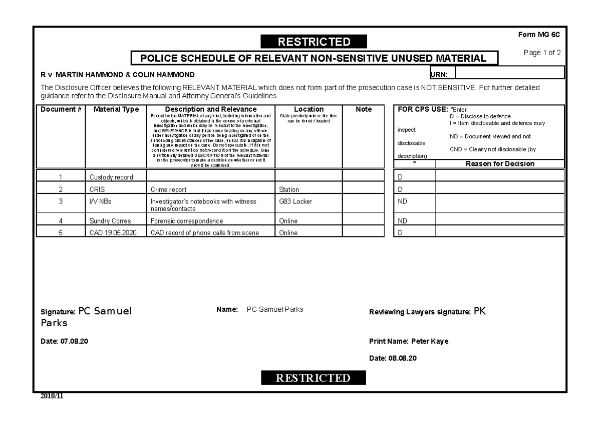First unused materials schedule - RESTRICTED. Form MG 6C POLICE ...