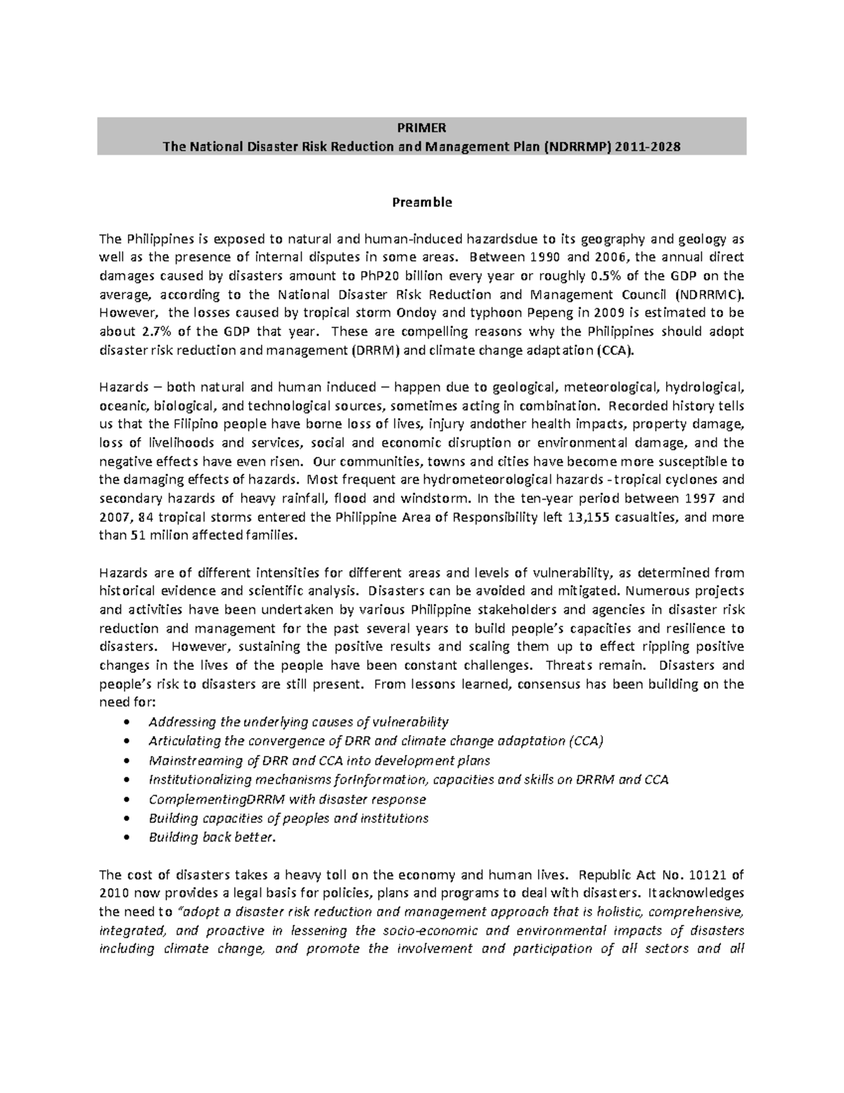 Primer Ndrrmp 2011-2028 - PRIMER The National Disaster Risk Reduction ...