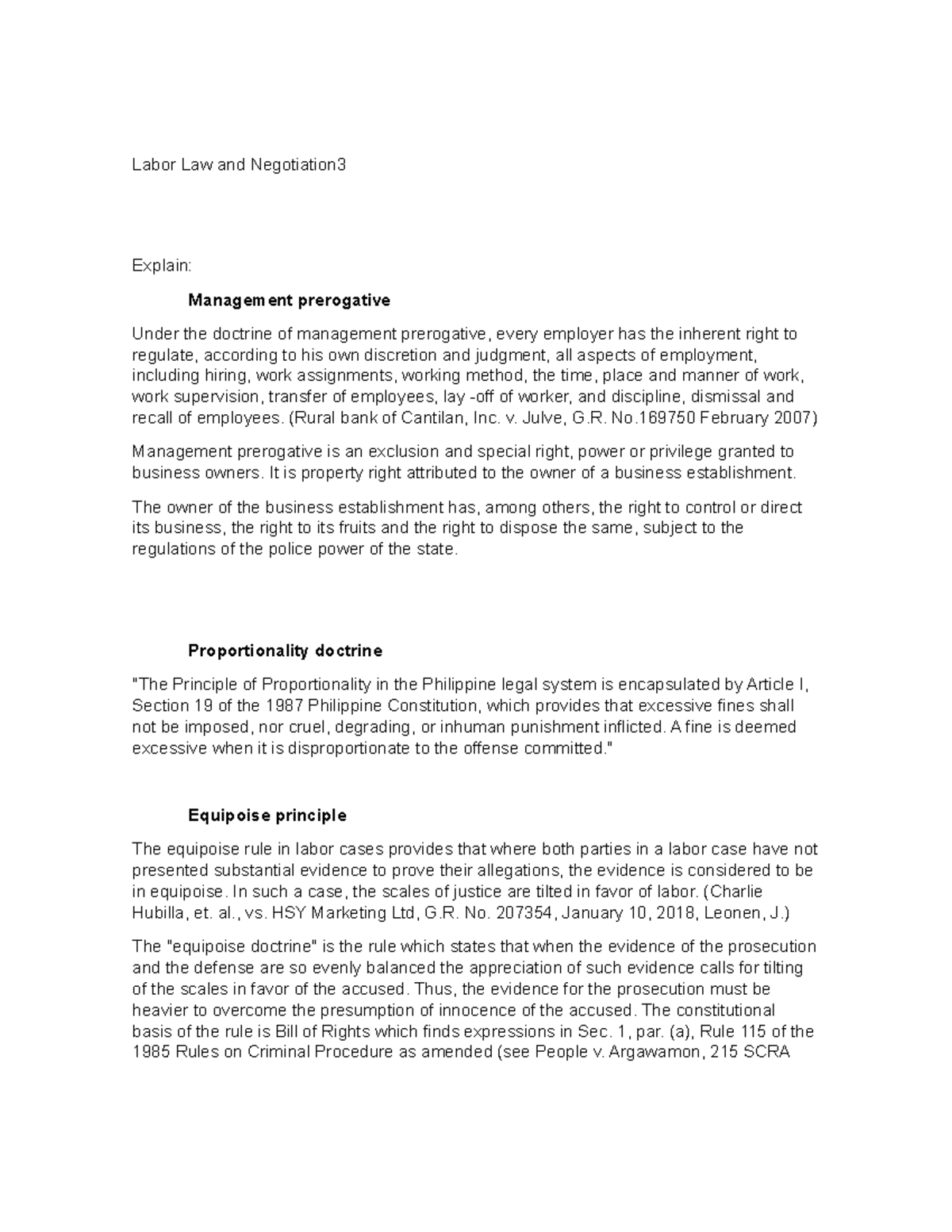 LABOR LAW AND NEGOTIATIONS -Management prerogative Proportionality ...