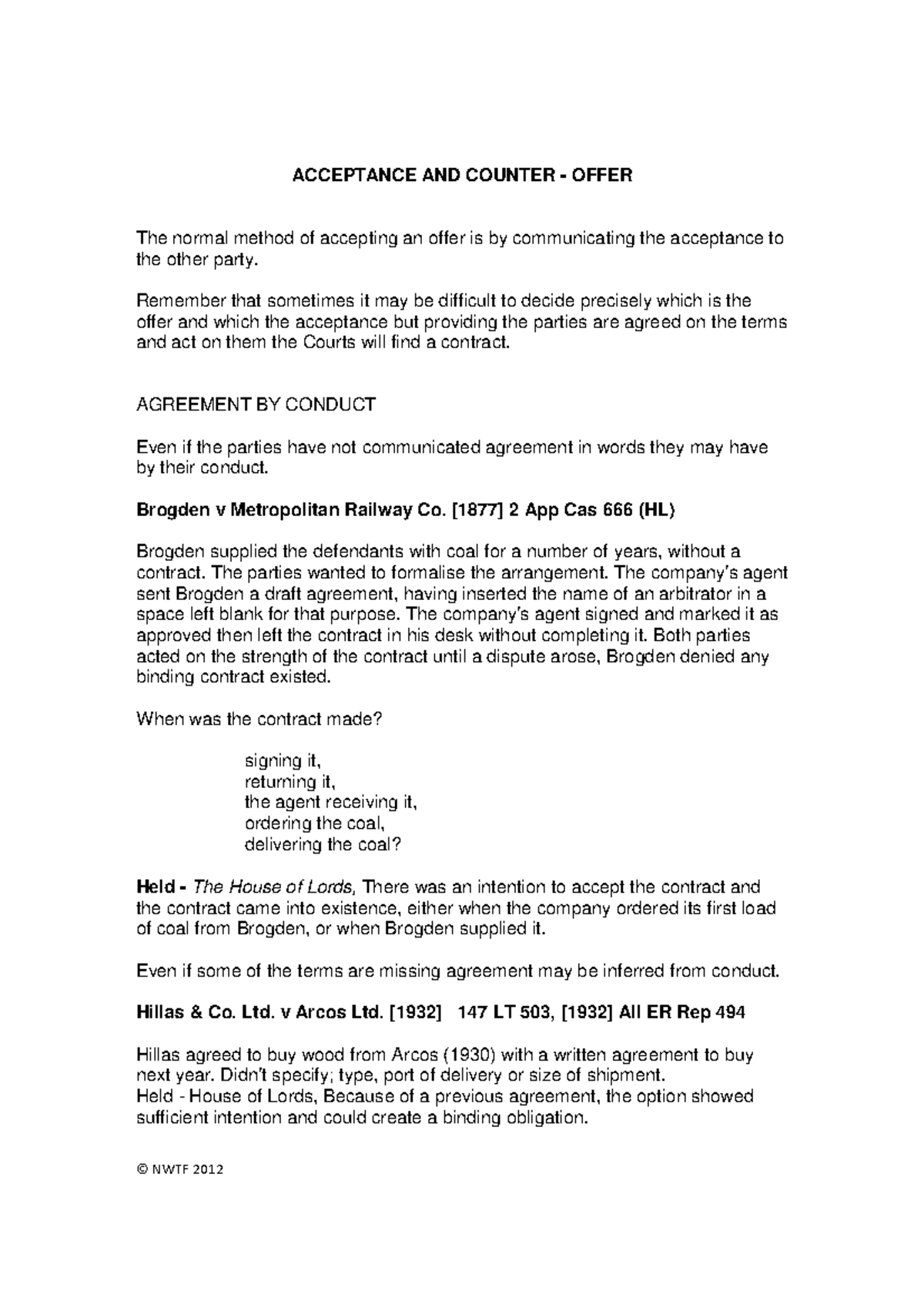 02CONT - notes - ACCEPTANCE AND COUNTER - OFFER The normal method of ...