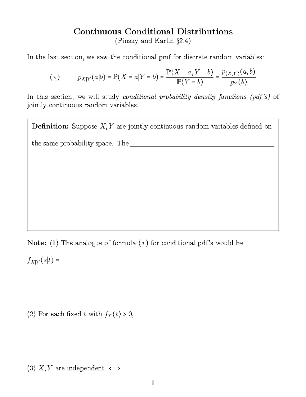 Continuous Conditional Distributions Continuous Conditional