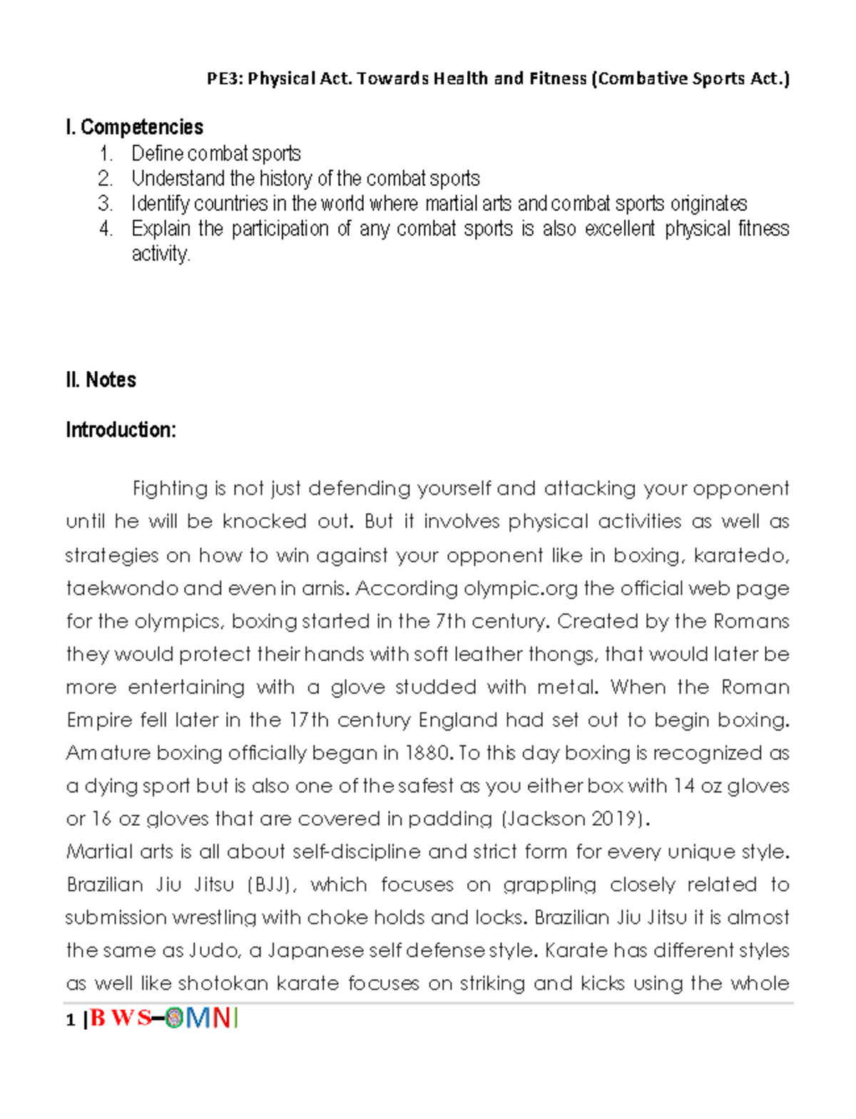 Chapter 1 introduction to combat sports - I. Competencies 1. Define ...