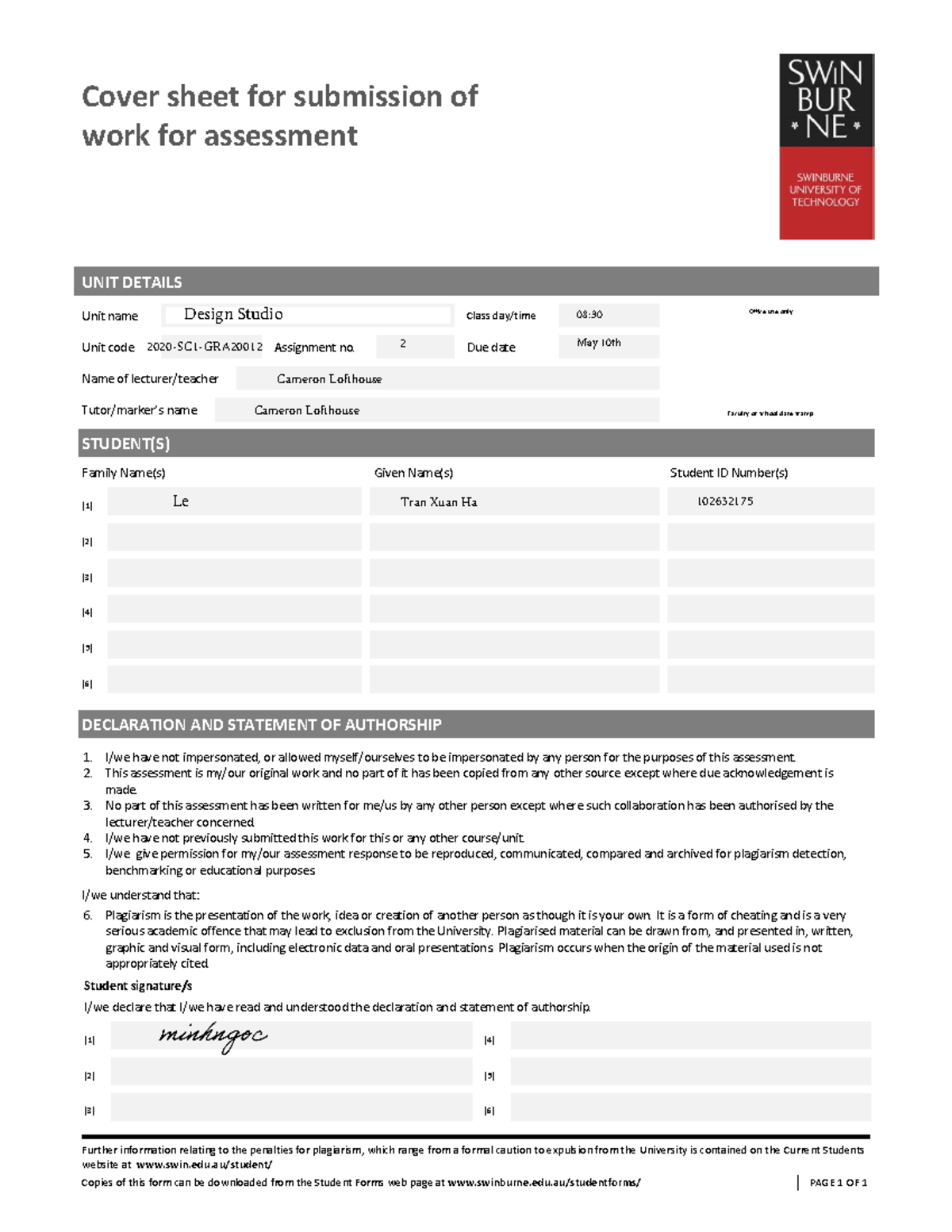 Cover sheet for submission of work for assessment-1-1 - Cover sheet for ...