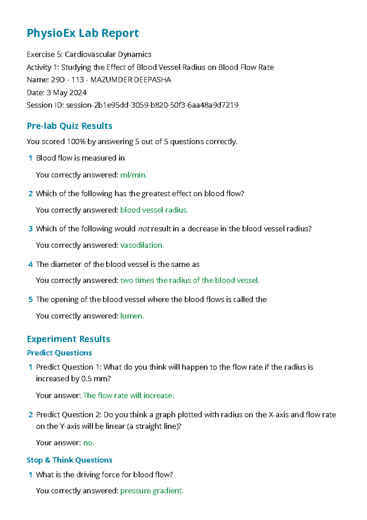 29D - 113 - Mazumder Deepasha - PhysioEx Lab Report Exercise 5 : Cardiovascular Dynamics ...