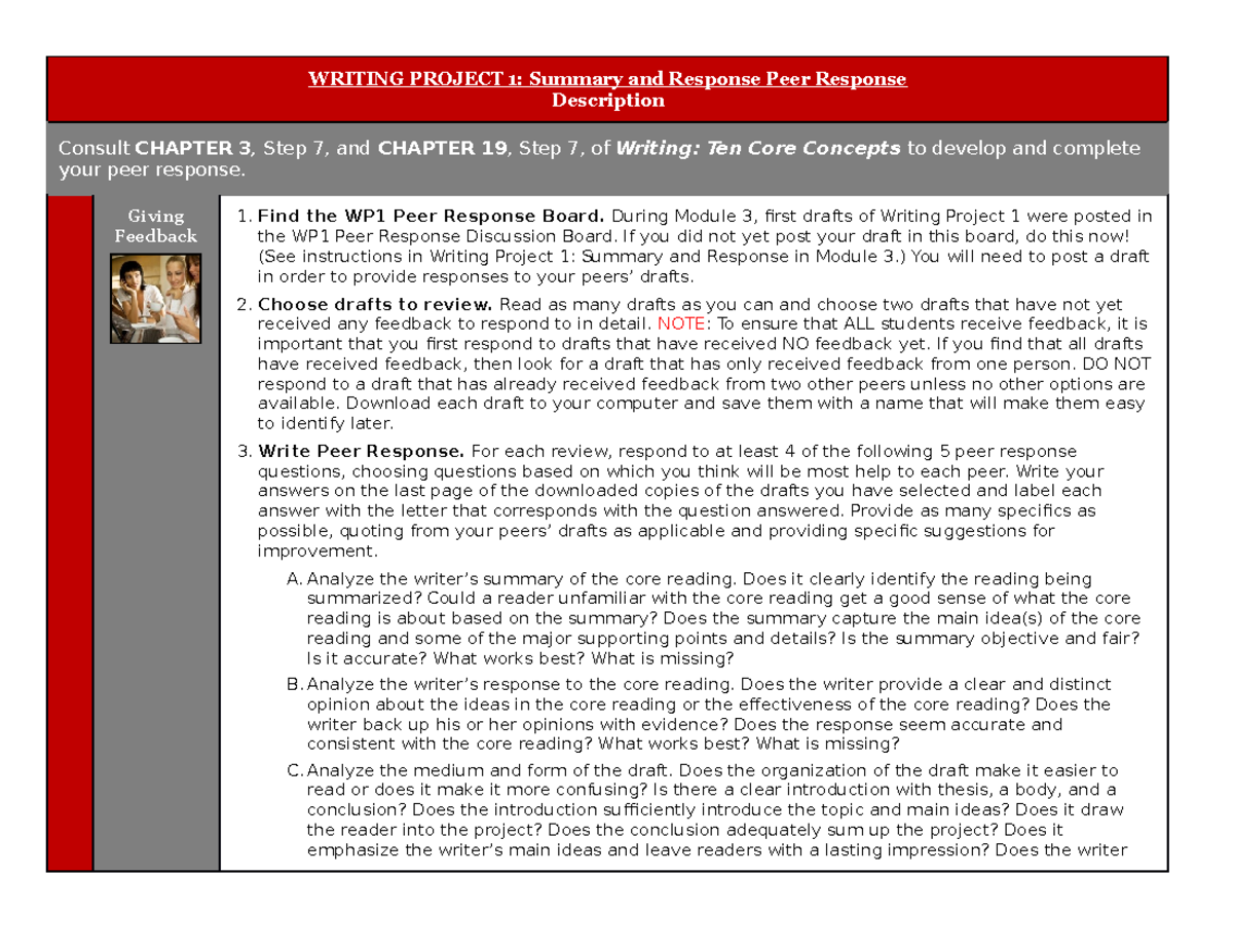 Writing Project 1 Peer Response Instructions - WRITING PROJECT 1 ...