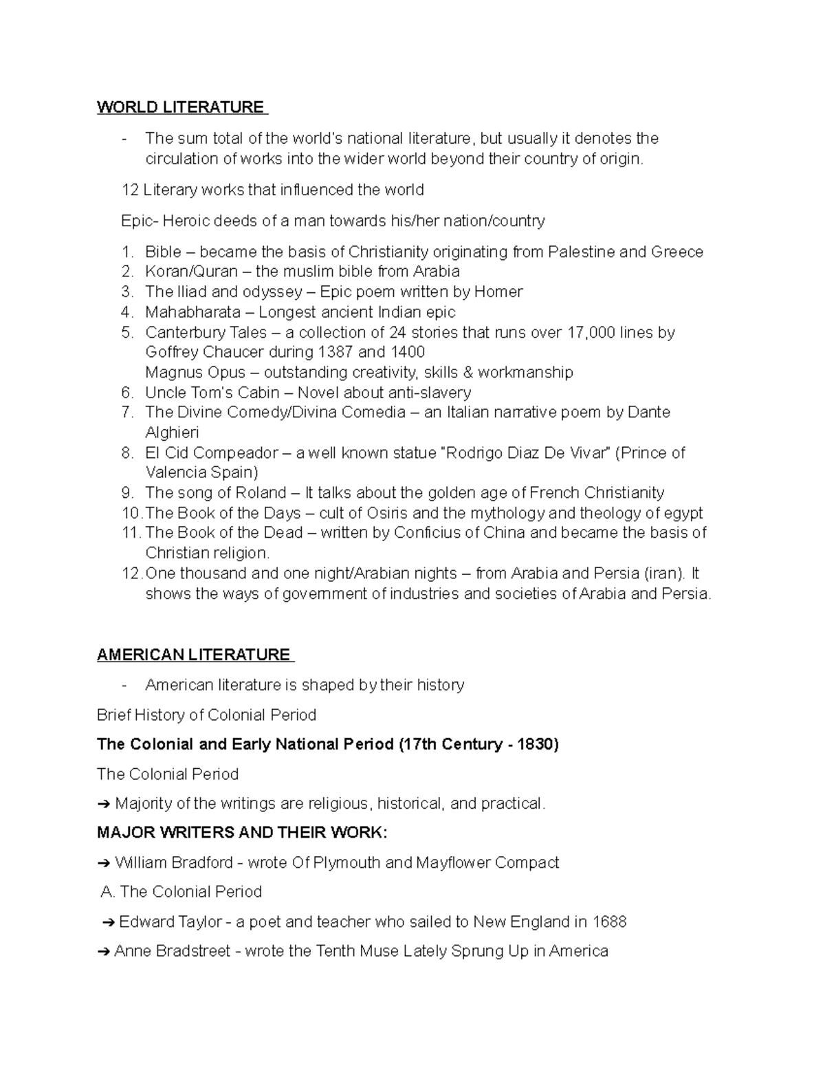 21ST- Reviewer - basta - WORLD LITERATURE The sum total of the world’s ...