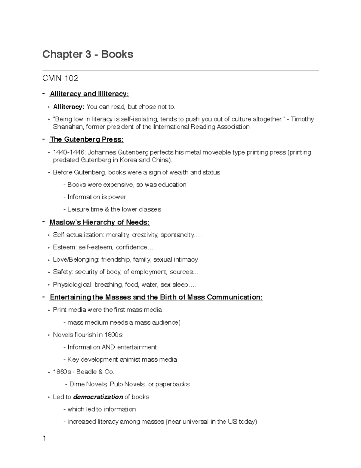 Chapter 3-Books - Books. - Chapter 3 - Books CMN 102 - Alliteracy and ...