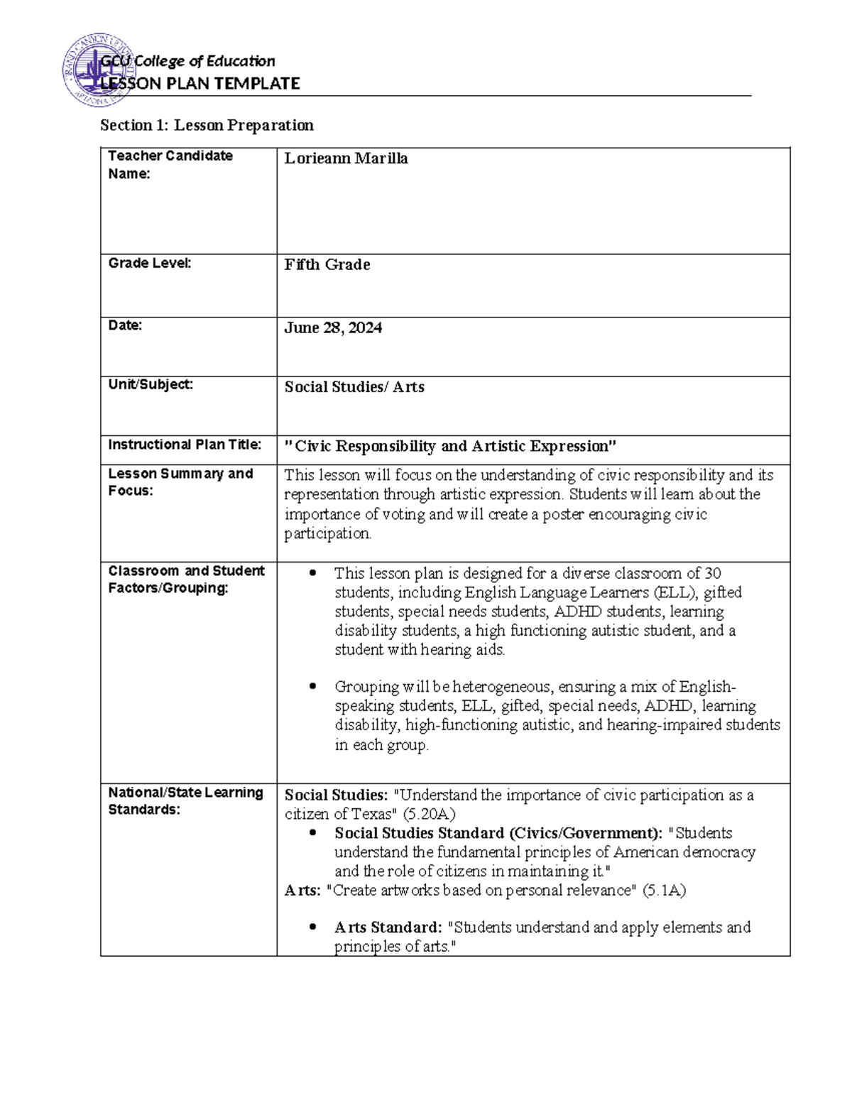 LMarilla ELM-351 Topic 6 Civics - Government Lesson Plan - LESSON PLAN ...