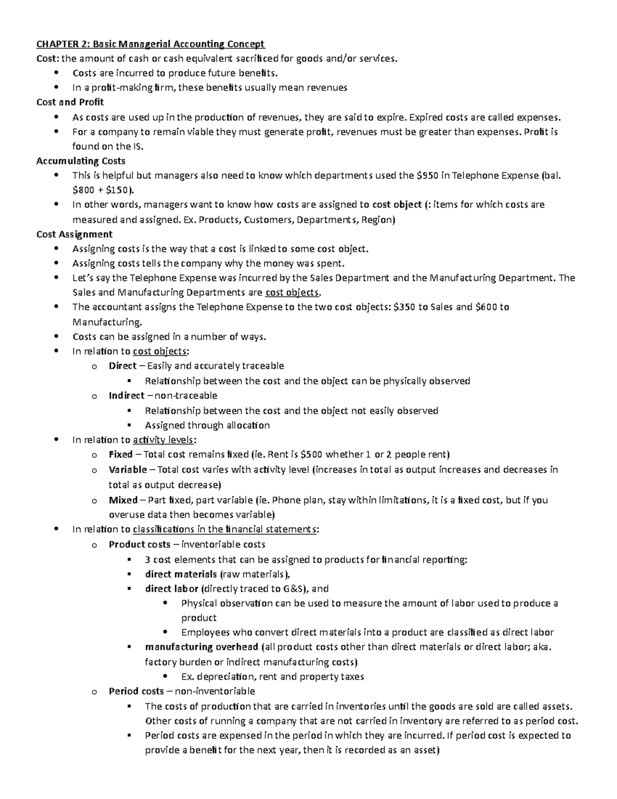 ACC406 Midterm review - CHAPTER 2: Basic Managerial Accounting Concept ...