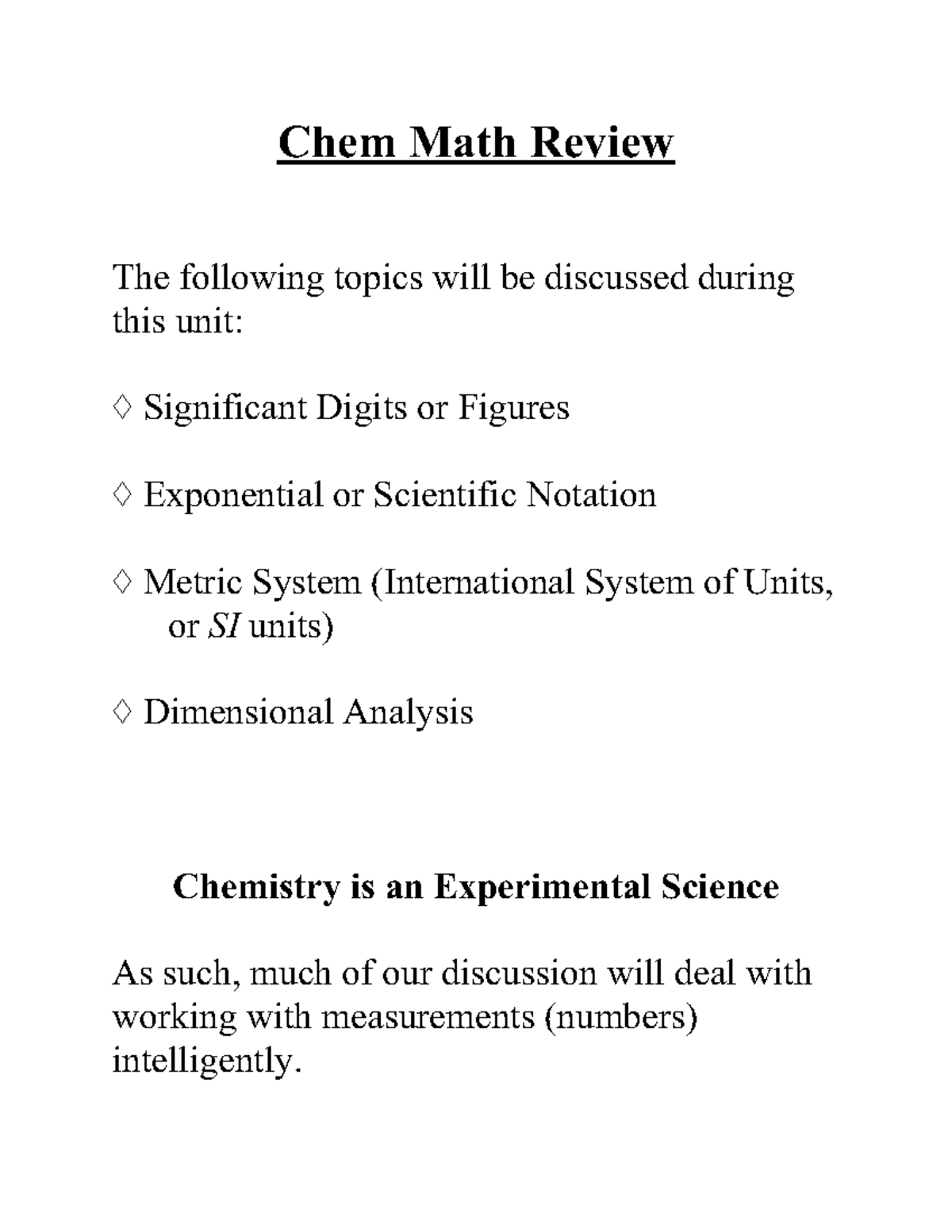 Unit 1a notes and HW problems - Chem Math Review The following topics ...