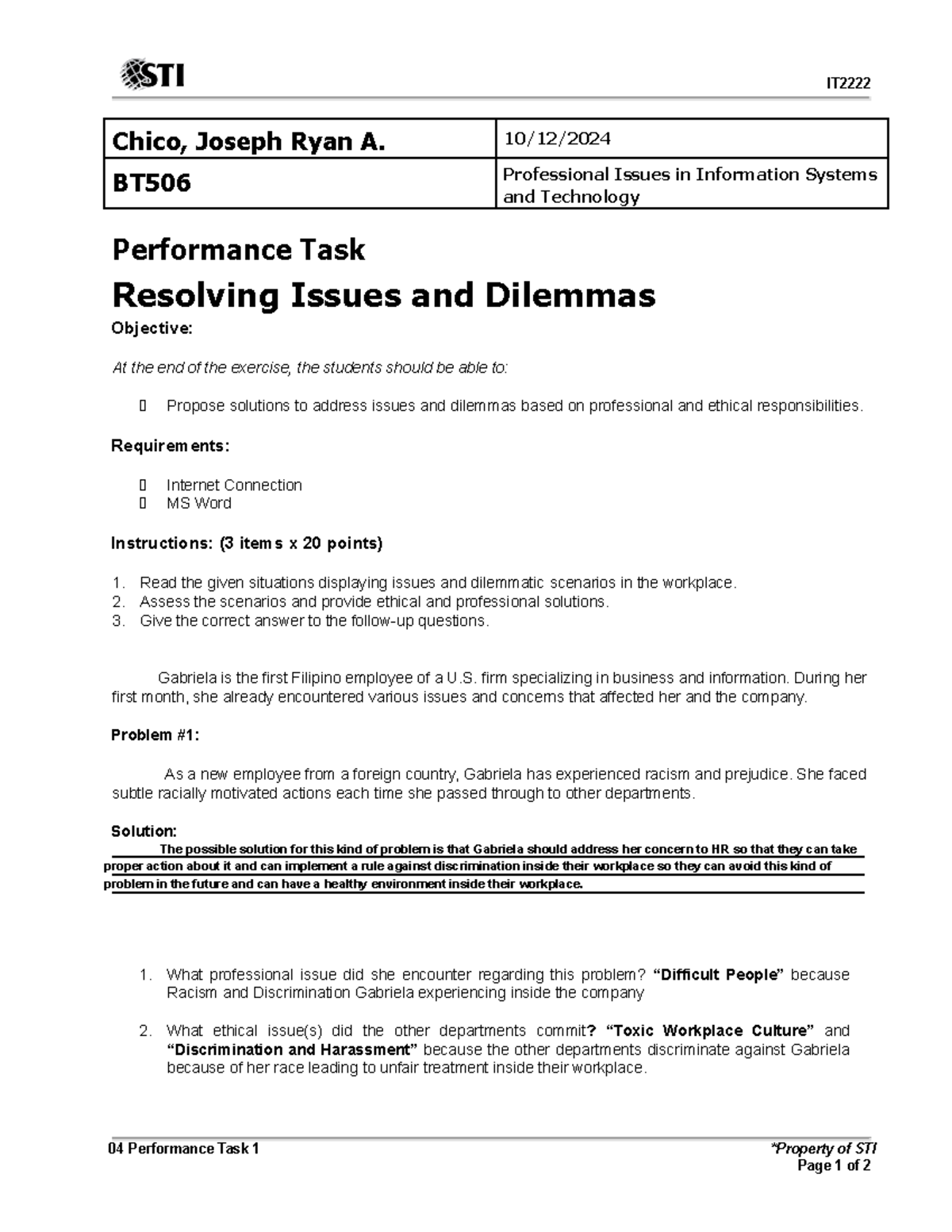 Chico 04 Performance Task 1 Prof Issue - 04 Performance Task 1 *Property of STI Page 1 of 2 IT ...