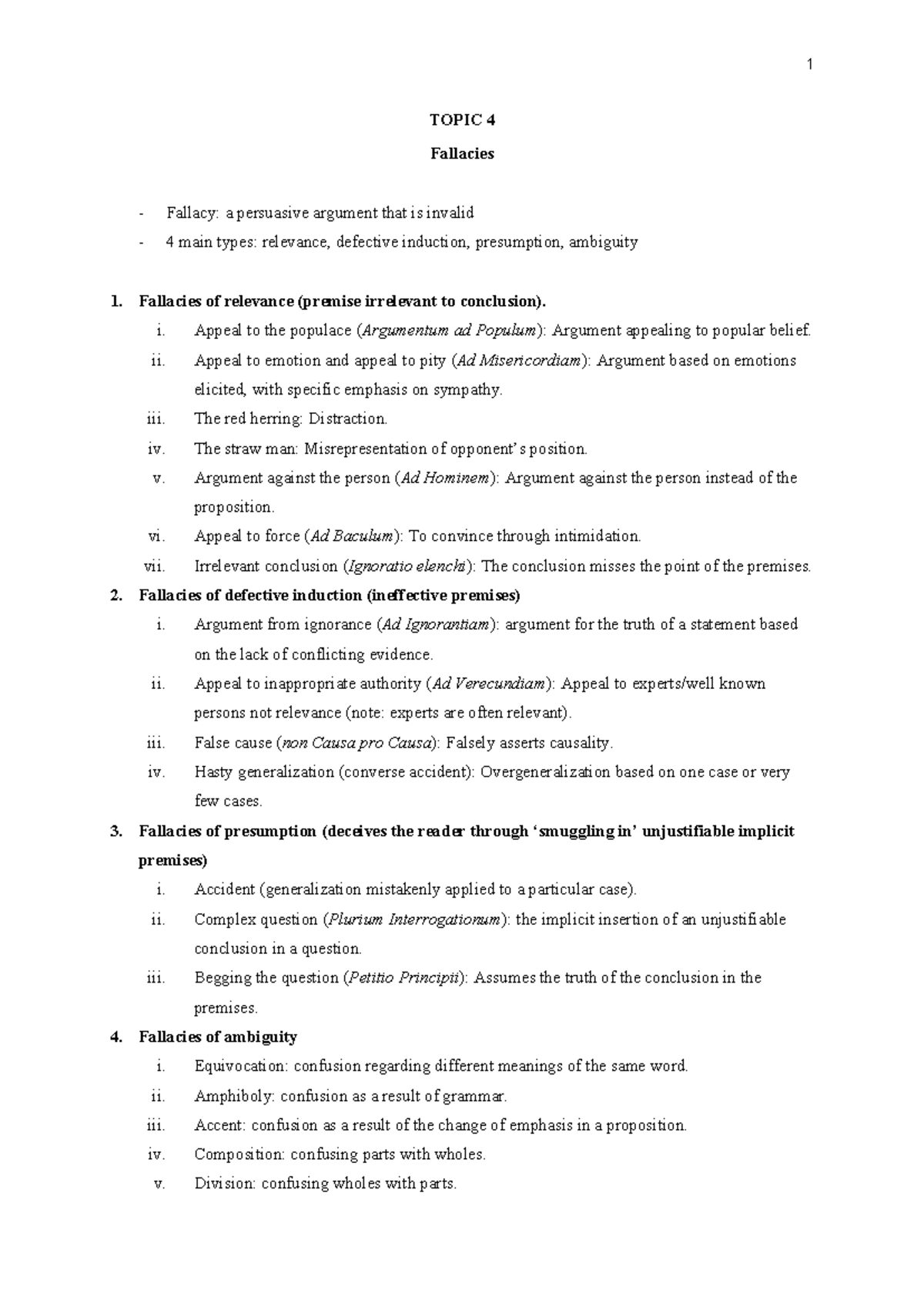Logic notes - Topic 4 - Summary Philosophy - 1 TOPIC 4 Fallacies ...