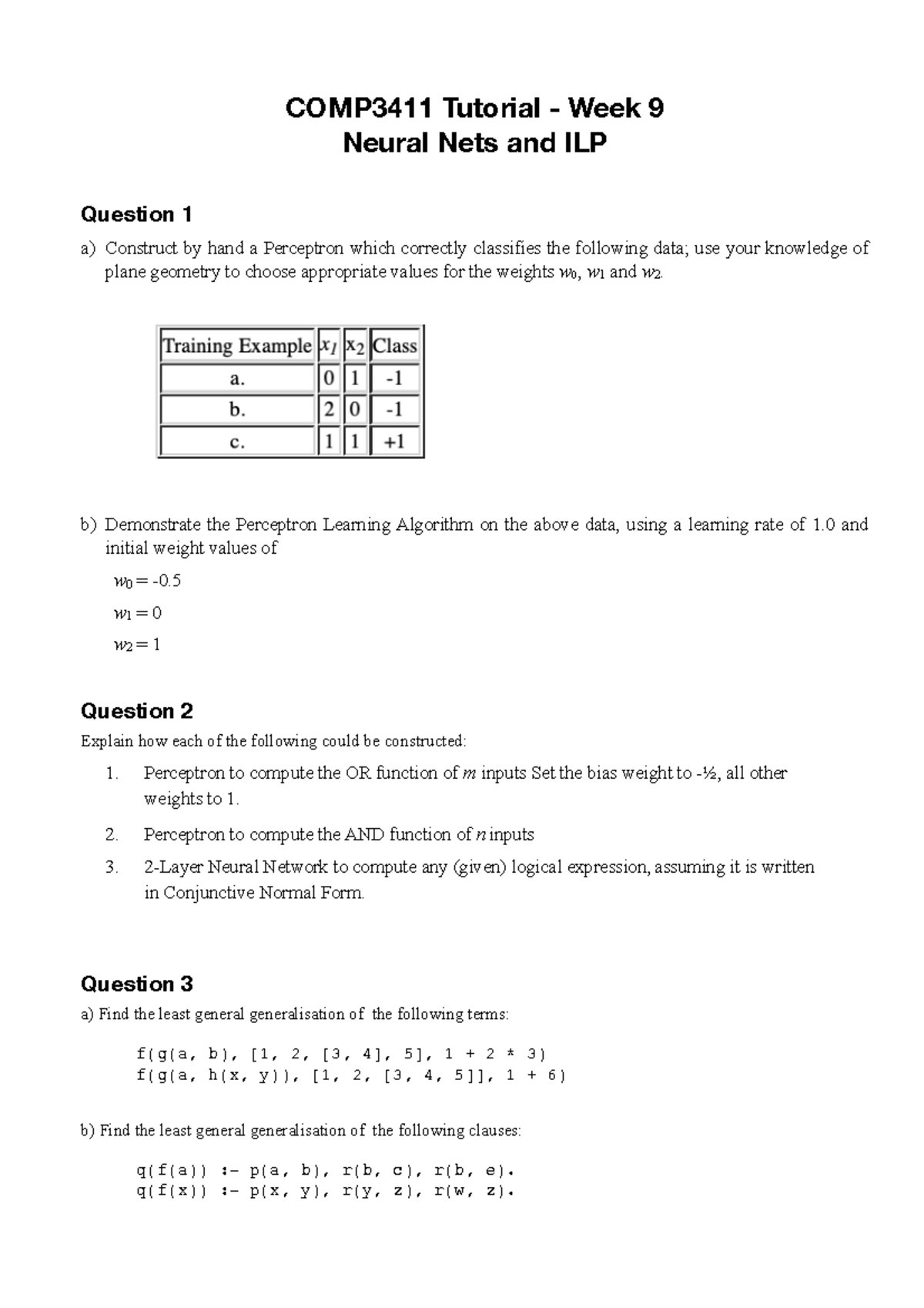 Week 9 - NN-ILP - COMP3411 tutorial questions - COMP3411 Tutorial - Week 9 Neural Nets and ILP ...