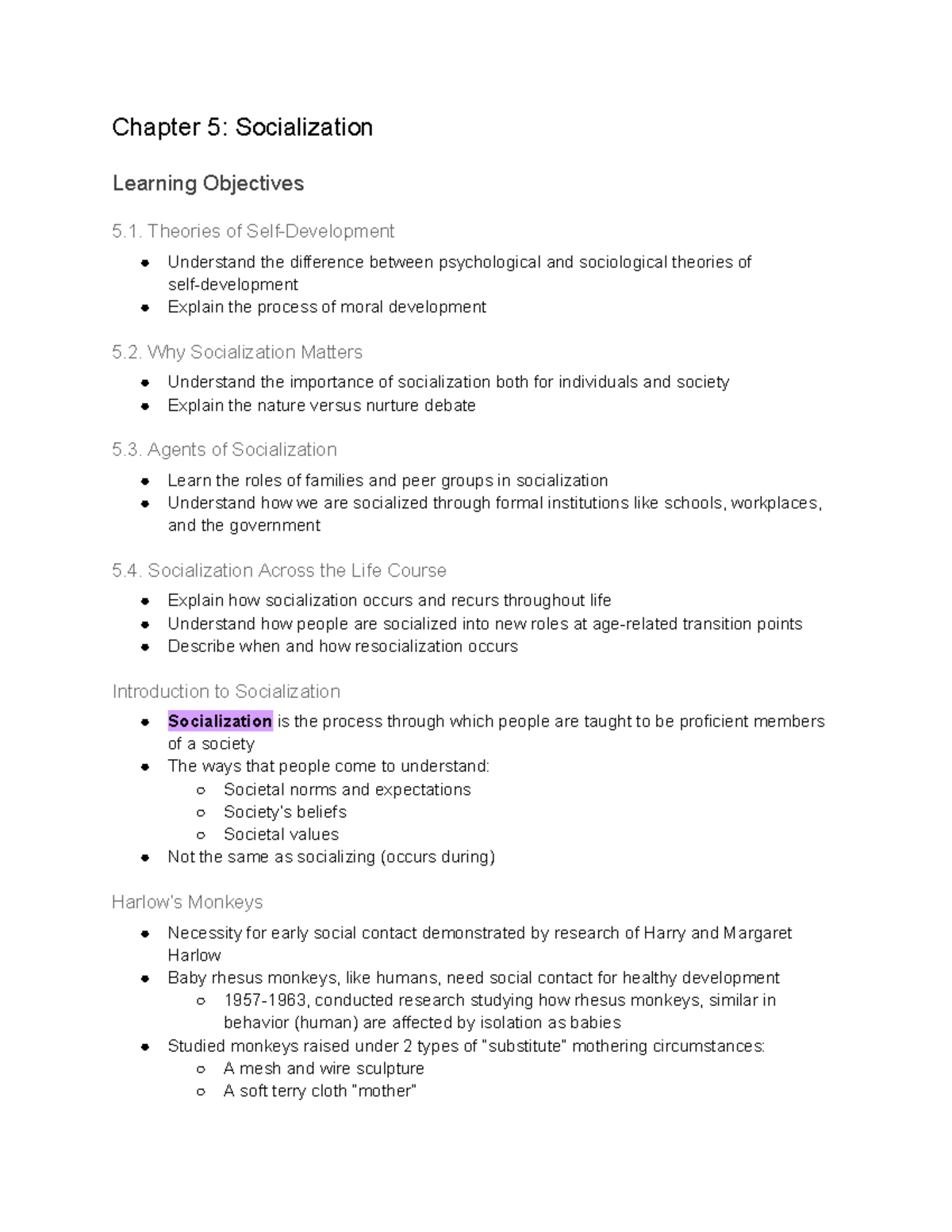 SOC140- Chapter 5 - Chapter 5: Socialization Learning Objectives 5 ...