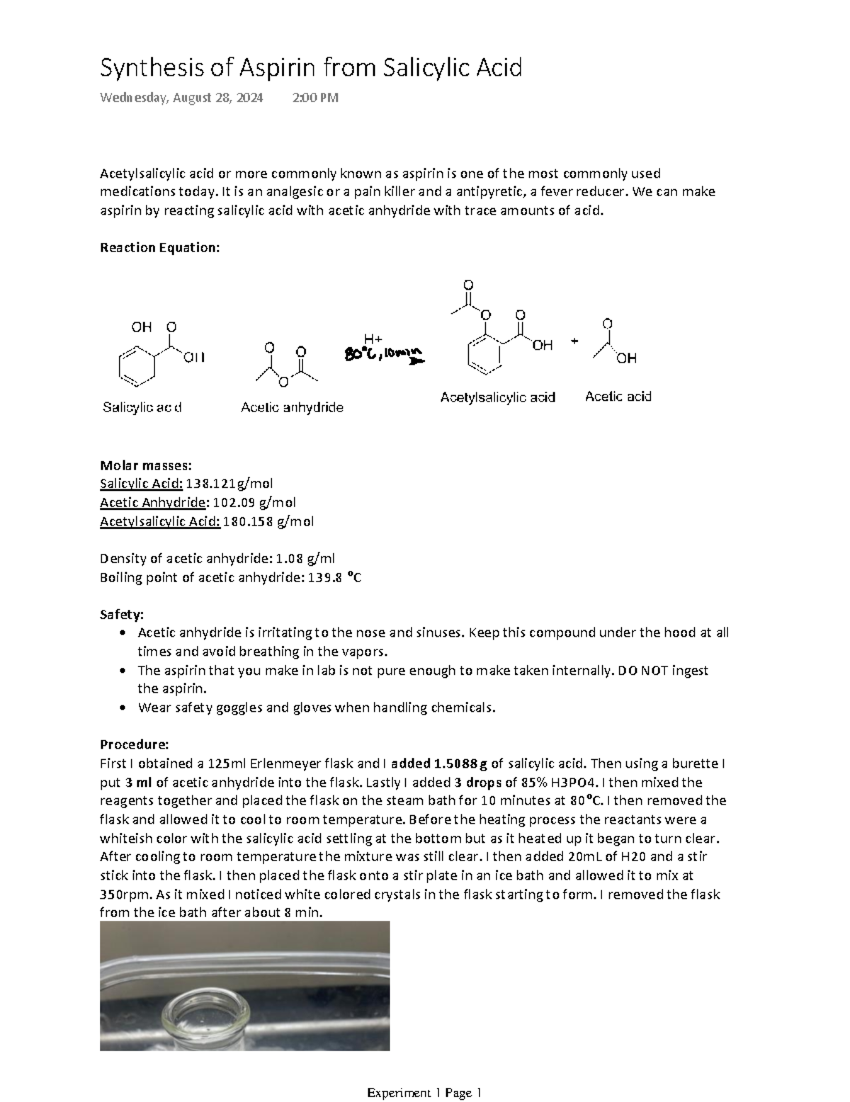 Synthesis of Aspirin from Salicylic Acid - Acetylsalicylic acid or more commonly known as ...