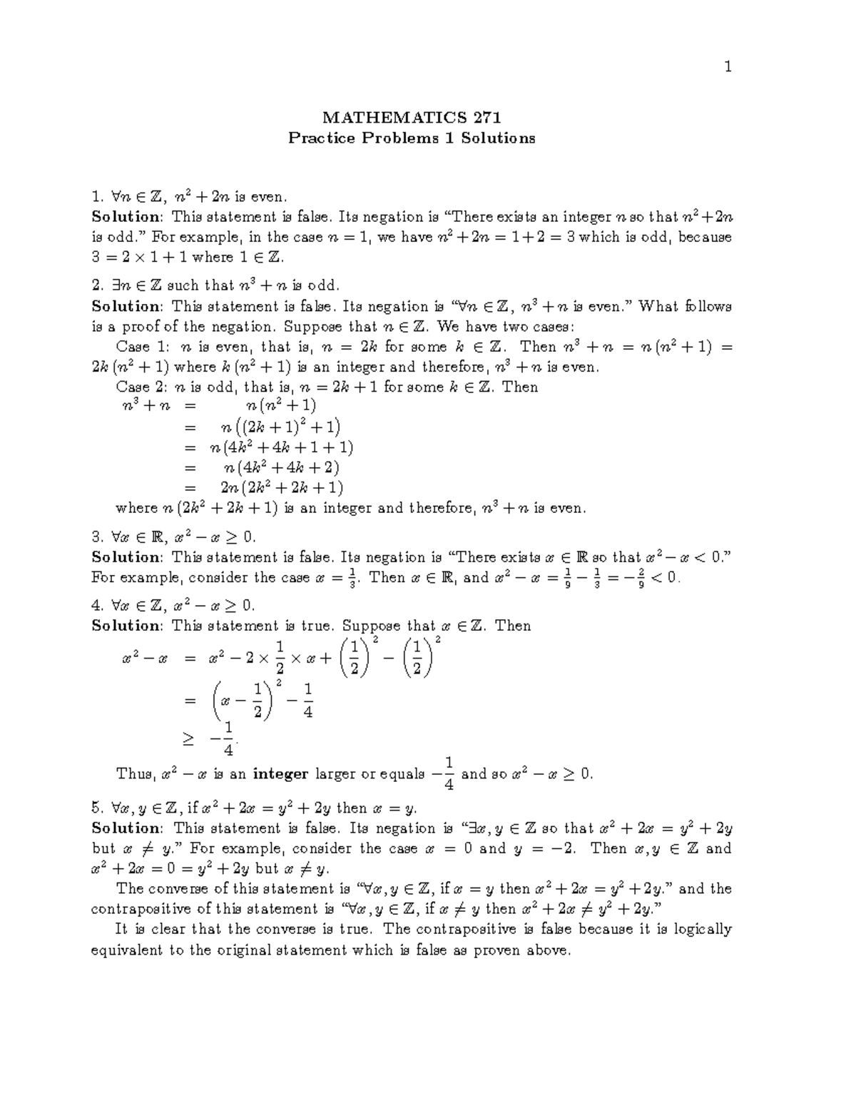 Solutions to Sample Practice Questions for Exam 1 - 1 MATHEMATICS 271 ...