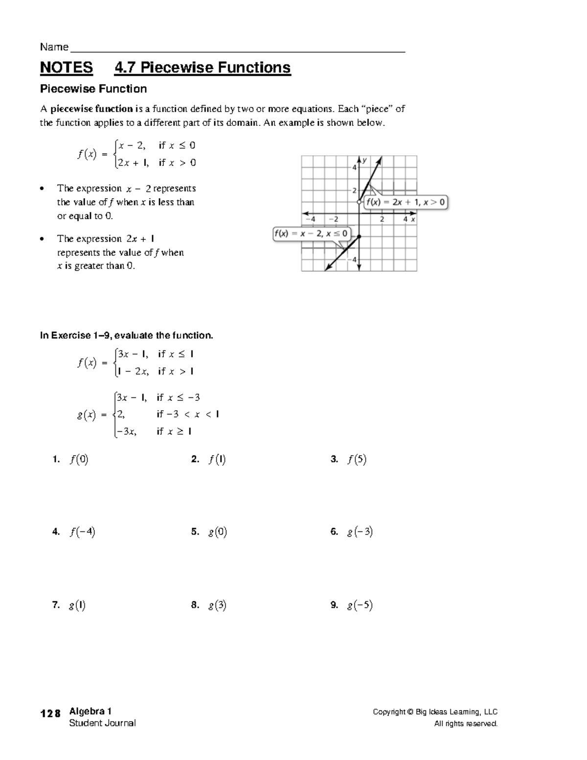Piecewise Functions Notes Algebra 1 Copyright Big Ideas Learning