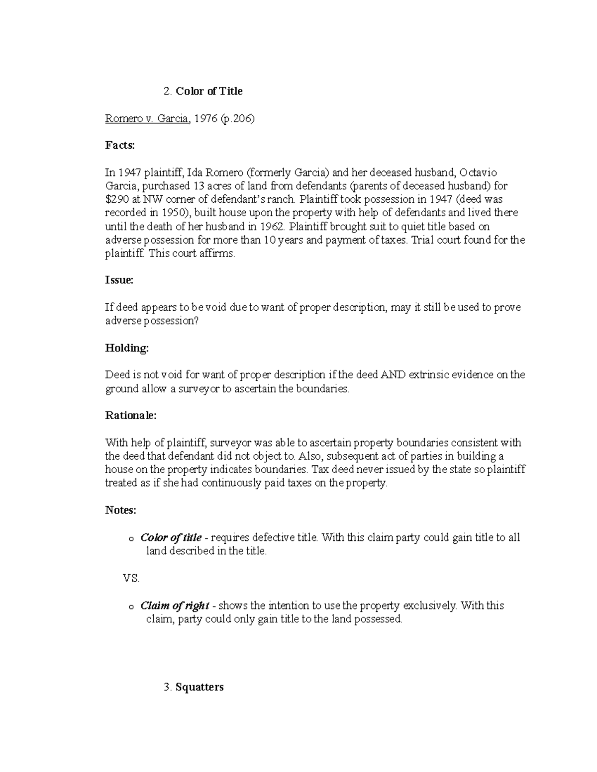 Property Law Outline - 1 - Color of Title Romero v. Garcia, 1976 (p ...