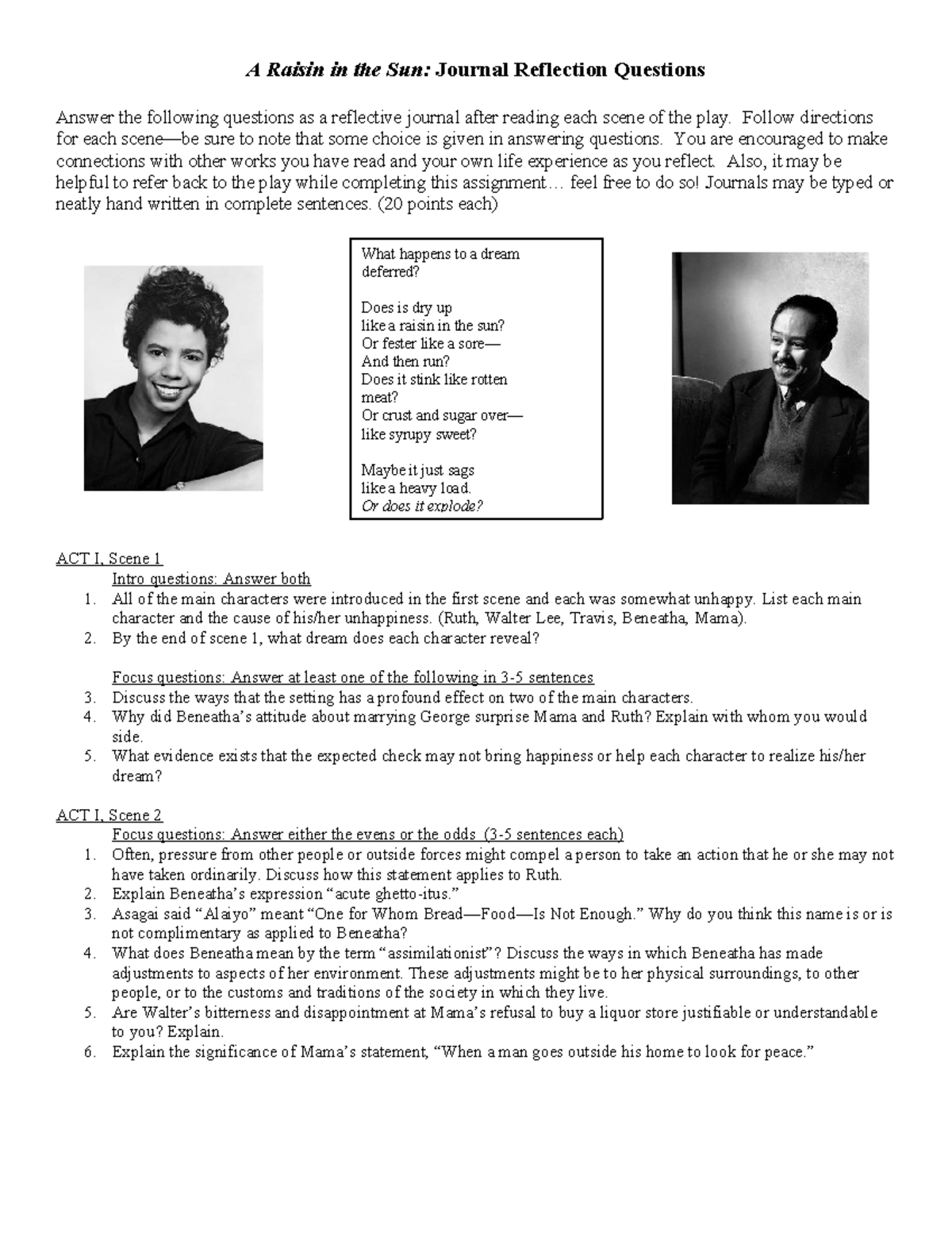A raisin in the sun study guide - A Raisin in the Sun: Journal ...