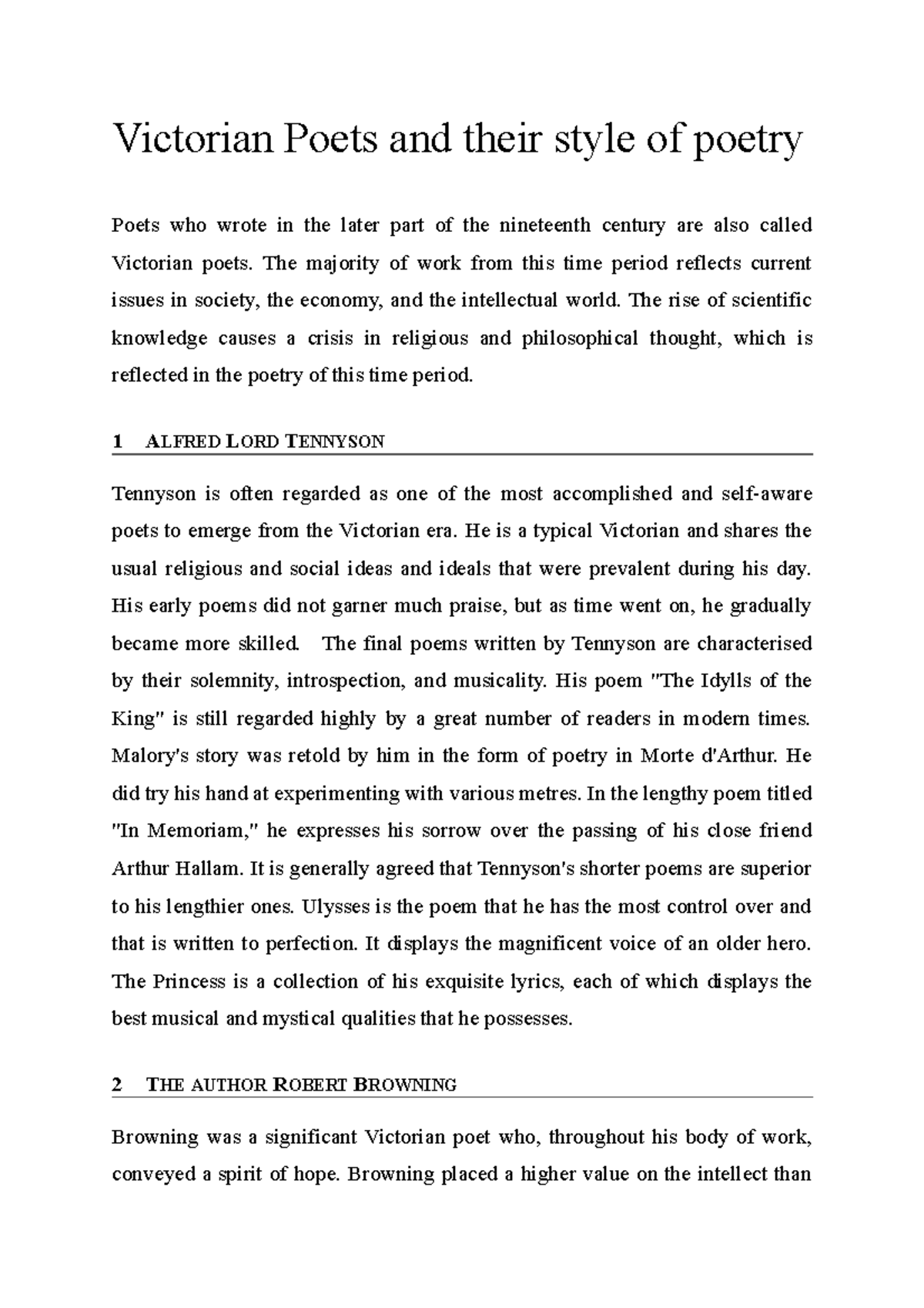 Victorian Poets and their style of poetry - The majority of work from ...