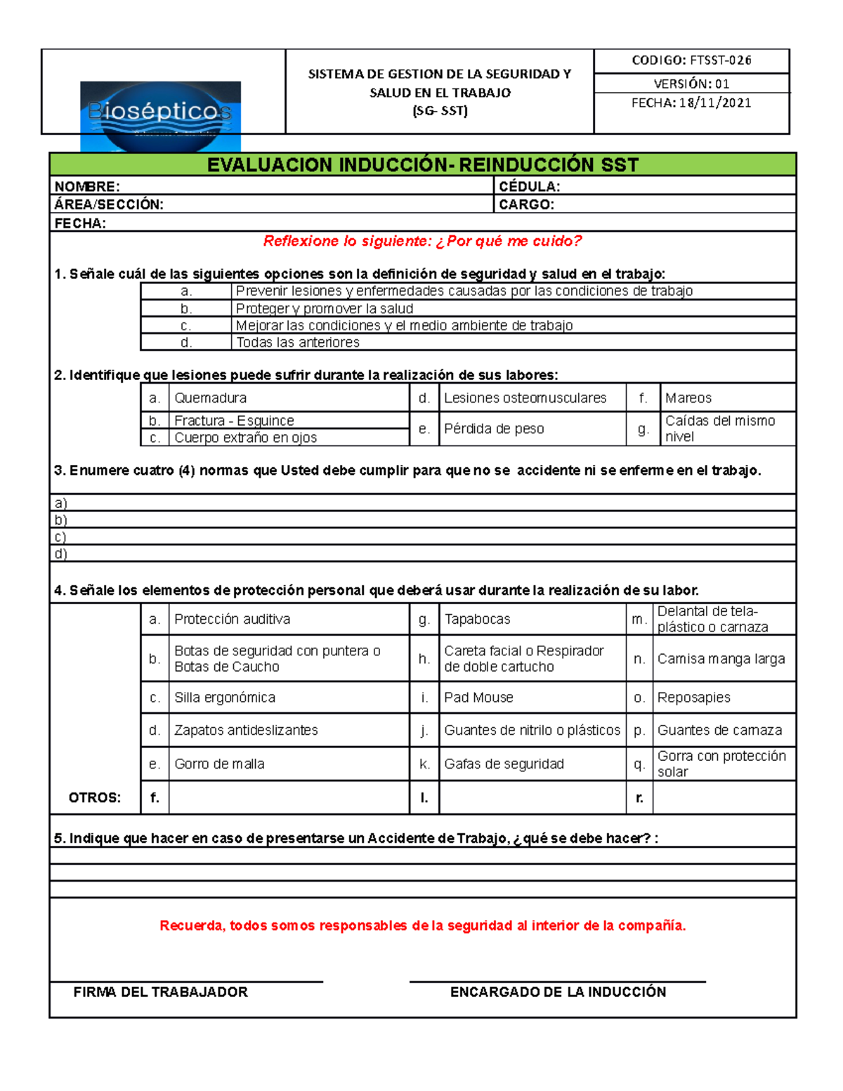 Ftsst-026 Evaluacion de Inducción y Reinducción - SISTEMA DE GESTION DE ...