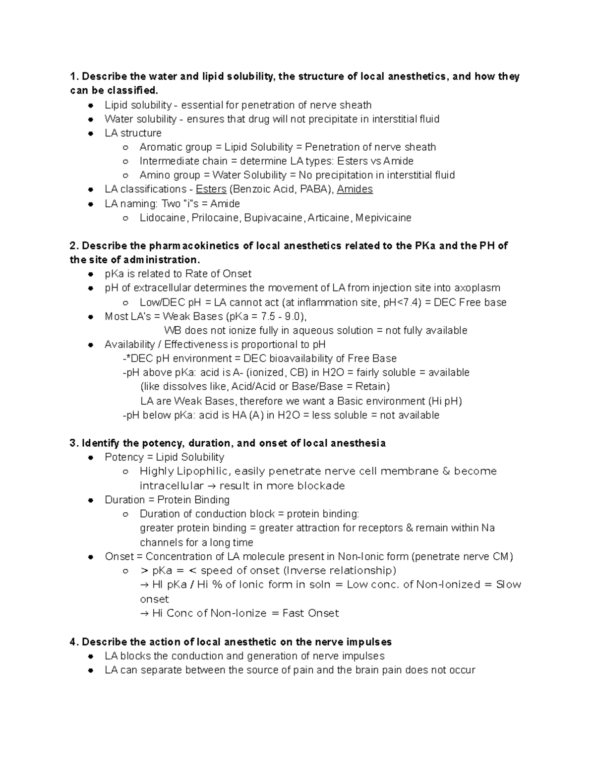 Anesthetic Study Guide KA2 - Describe the water and lipid solubility ...