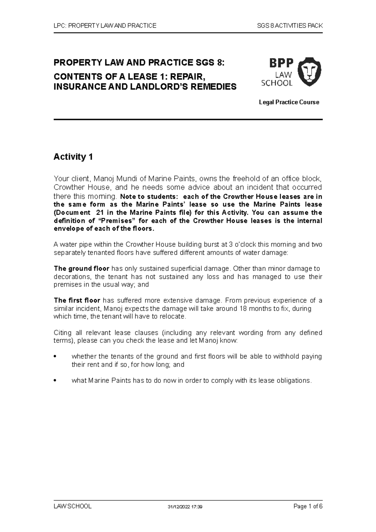 Property SGS 8 Activities Pack 2022-23 - LPC: PROPERTY LAW AND PRACTICE ... Property SGS 8 Activities Pack 2022-23 - LPC: PROPERTY LAW AND PRACTICE ...
