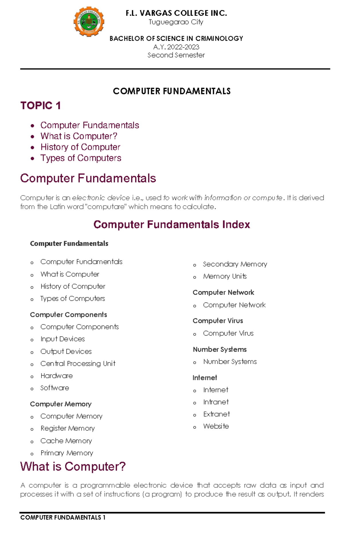 Computer- Fundamentals - Tuguegarao City BACHELOR OF SCIENCE IN ...
