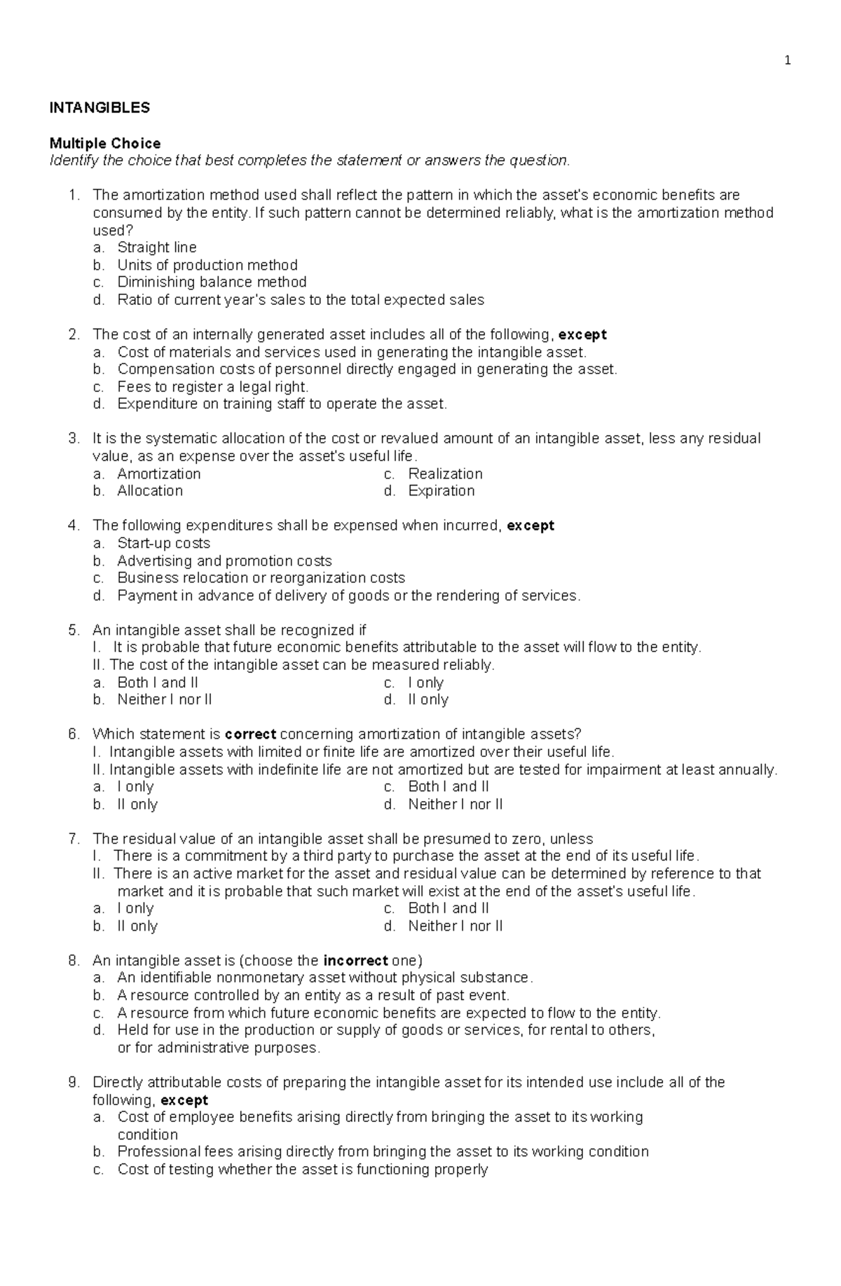 QUIZ- Intangibles - Only me - INTANGIBLES Multiple Choice Identify the ...