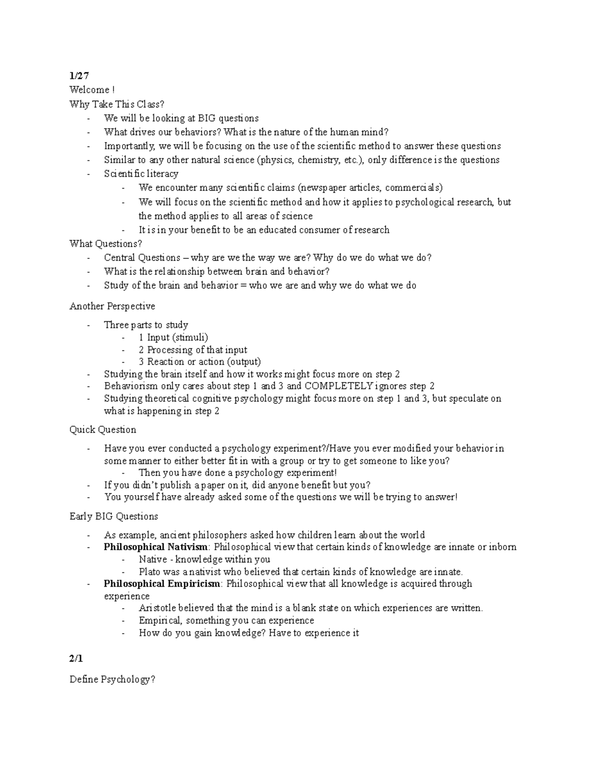 Psych as a Natural Science Exam 1 Class Notes - 1/ Welcome! Why Take ...