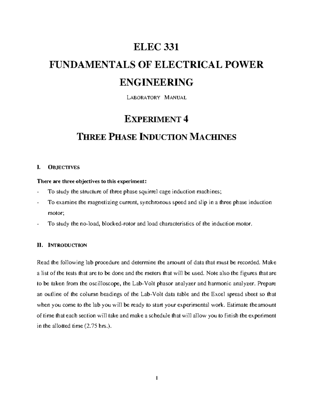 ELEC331-Lab Experiment#4 - ELEC 331 FUNDAMENTALS OF ELECTRICAL POWER ...