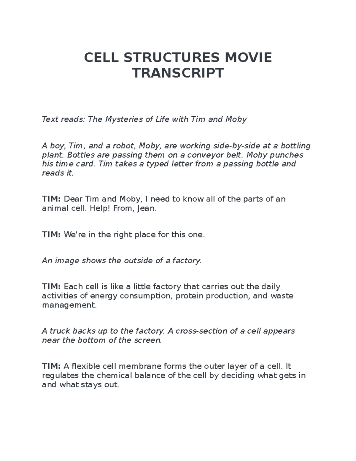 CELL Structures Movie Transcript - CELL STRUCTURES MOVIE TRANSCRIPT ...