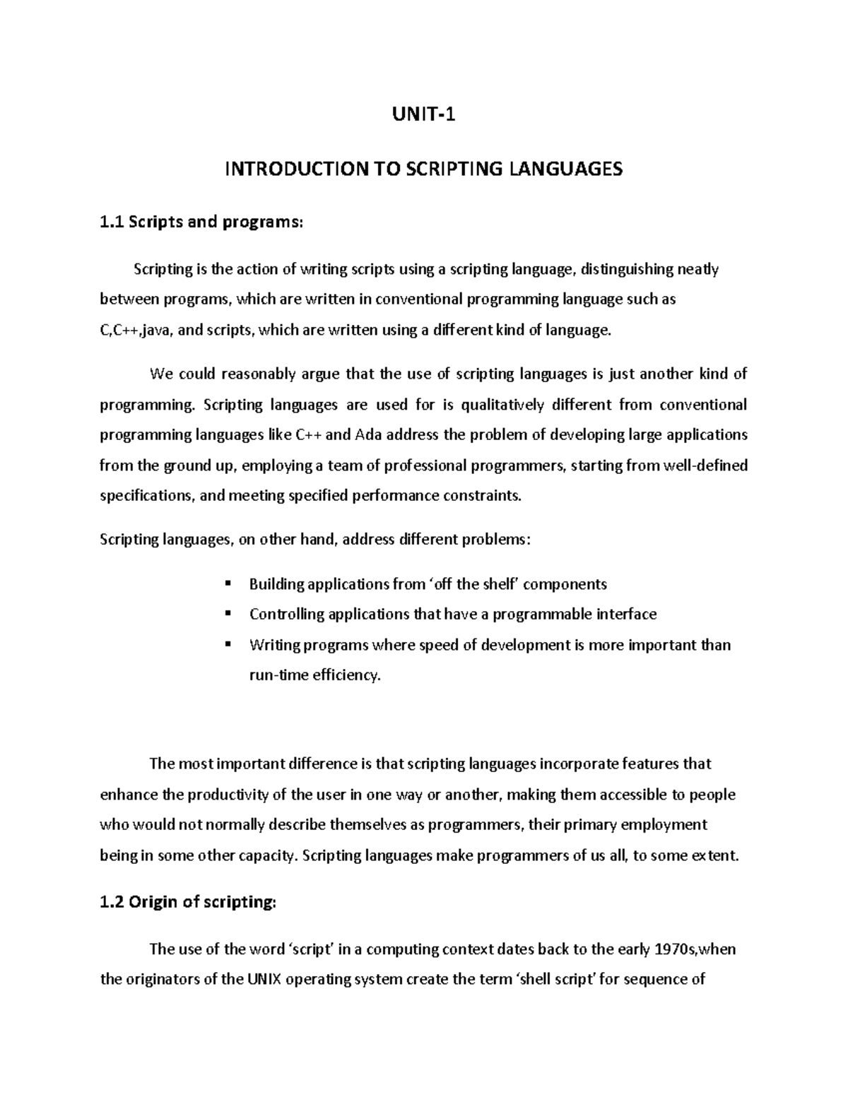 SL1-note 1 scrpting langauge - UNIT- INTRODUCTION TO SCRIPTING LANGUAGES 1 Scripts and programs ...