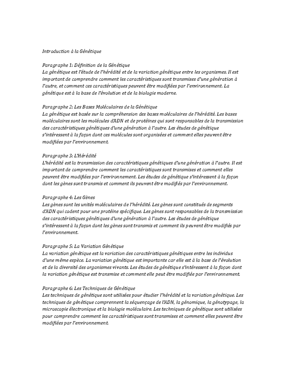 Introduction to Genetics - Introduction à la Génétique Paragraphe 1 ...