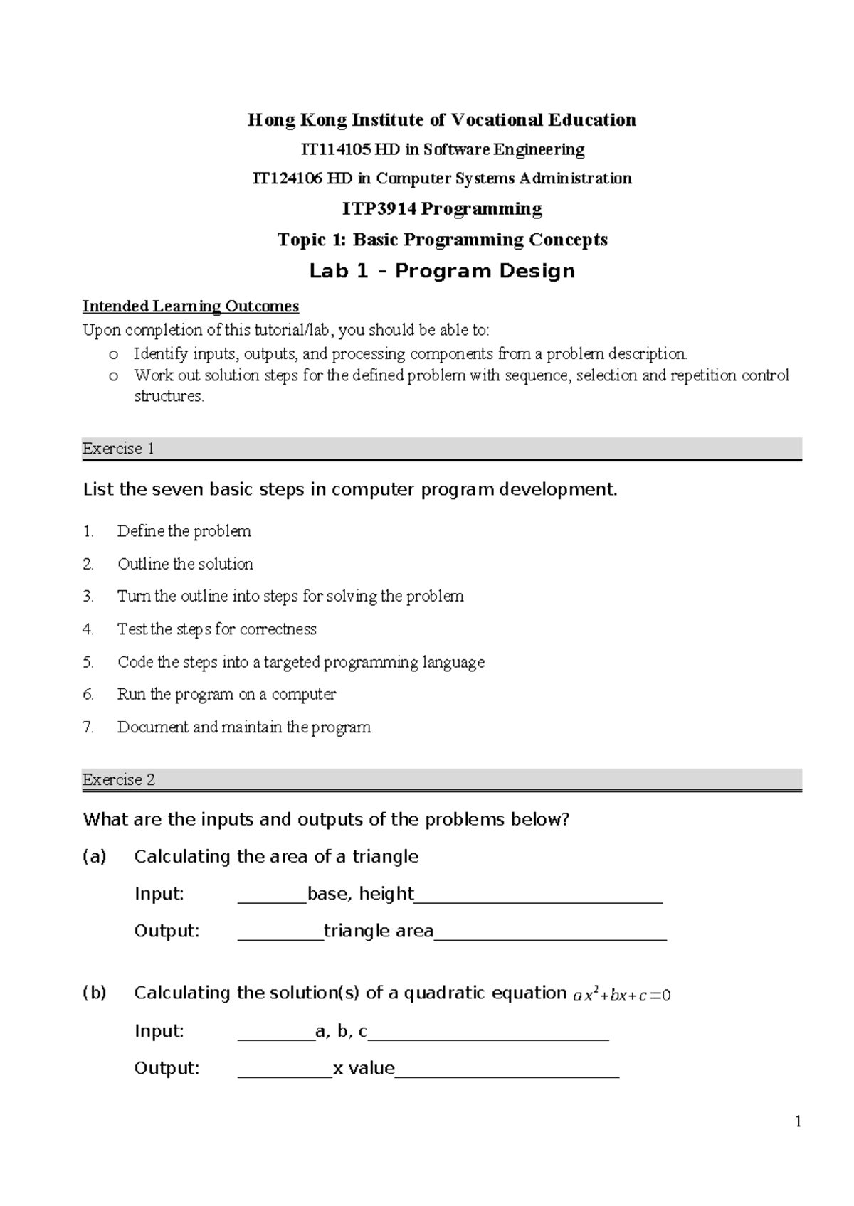 Lab 1 (Program Design) ITP3914 - Hong Kong Institute of Vocational Education IT114105 HD in ...