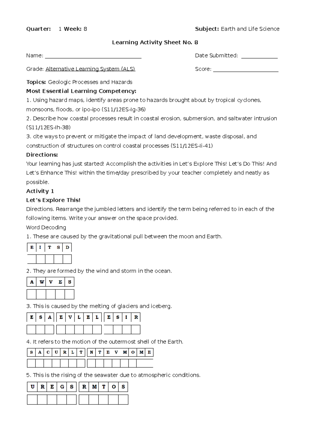 Learning Activity Sheet No. 8 ELS-KEY - Quarter: 1 Week: 8 Subject ...