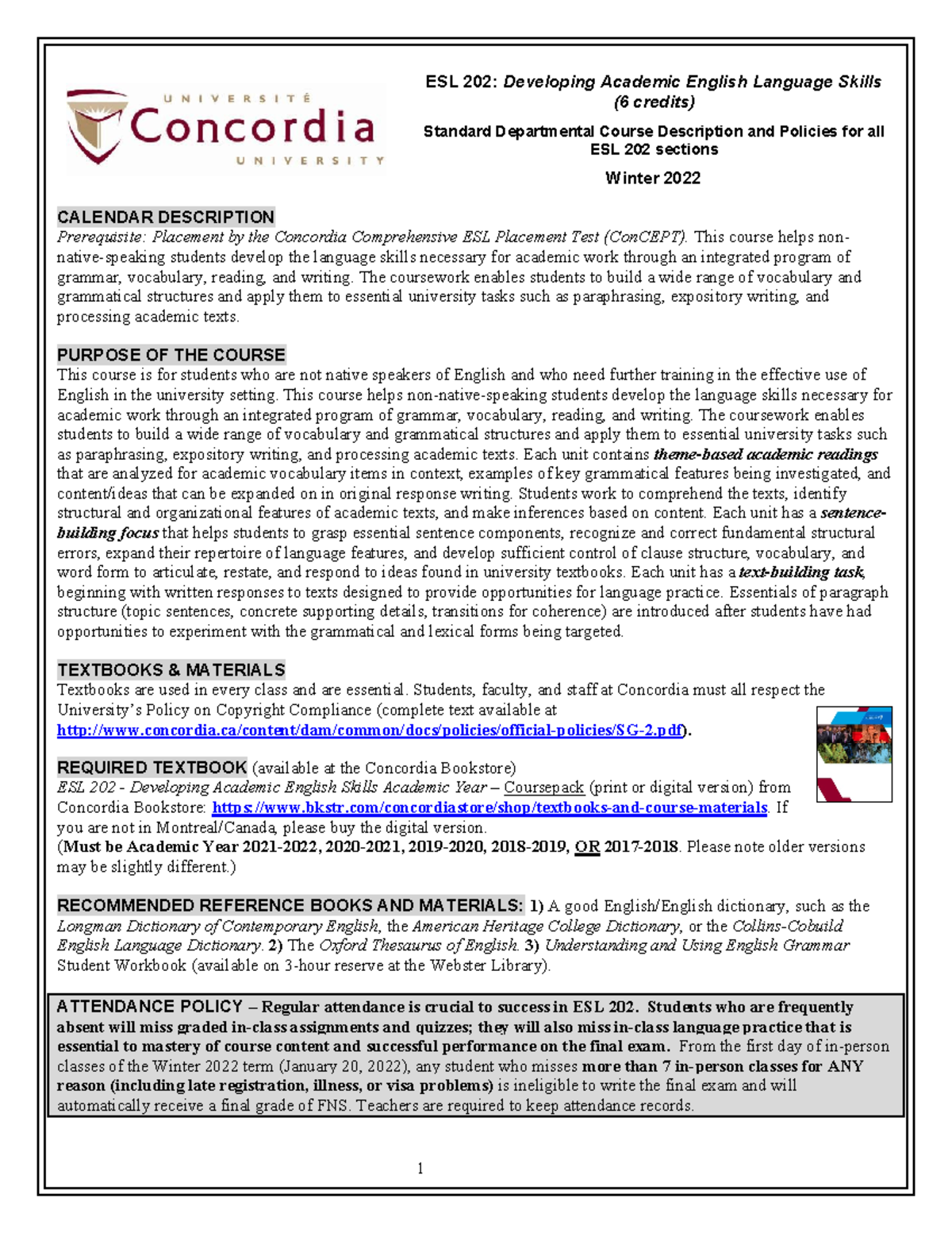 Concordia ESL 202 course outline for winter 2022 - CALENDAR DESCRIPTION ...