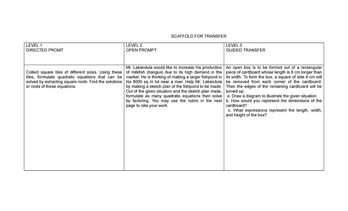 4. Scaffold FOR Transfer - SCAFFOLD FOR TRANSFER LEVEL 1 DIRECTED PROMT ...