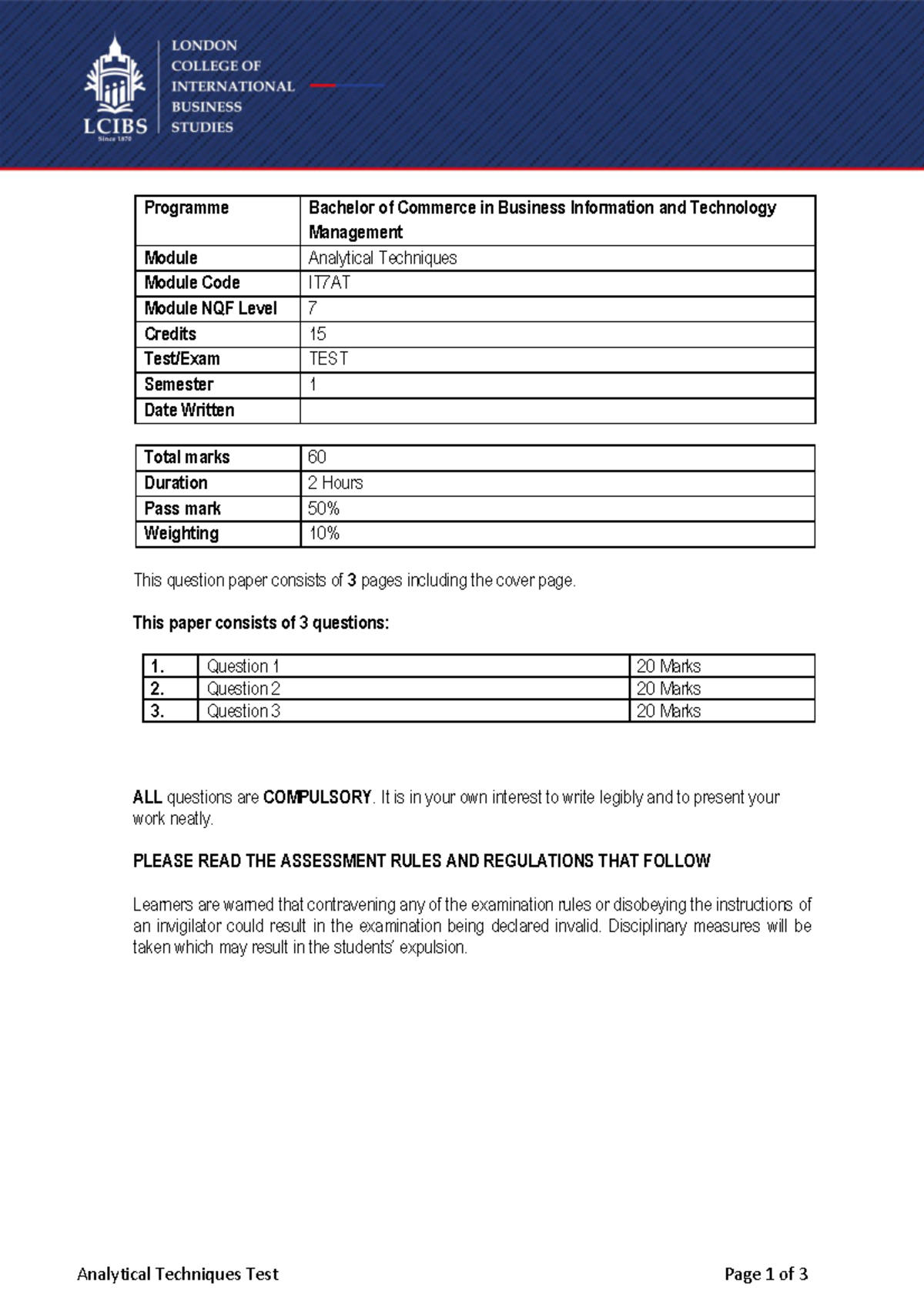 Analytical Techniques - Test - Analytical Techniques Test Page 1 of 3 ...