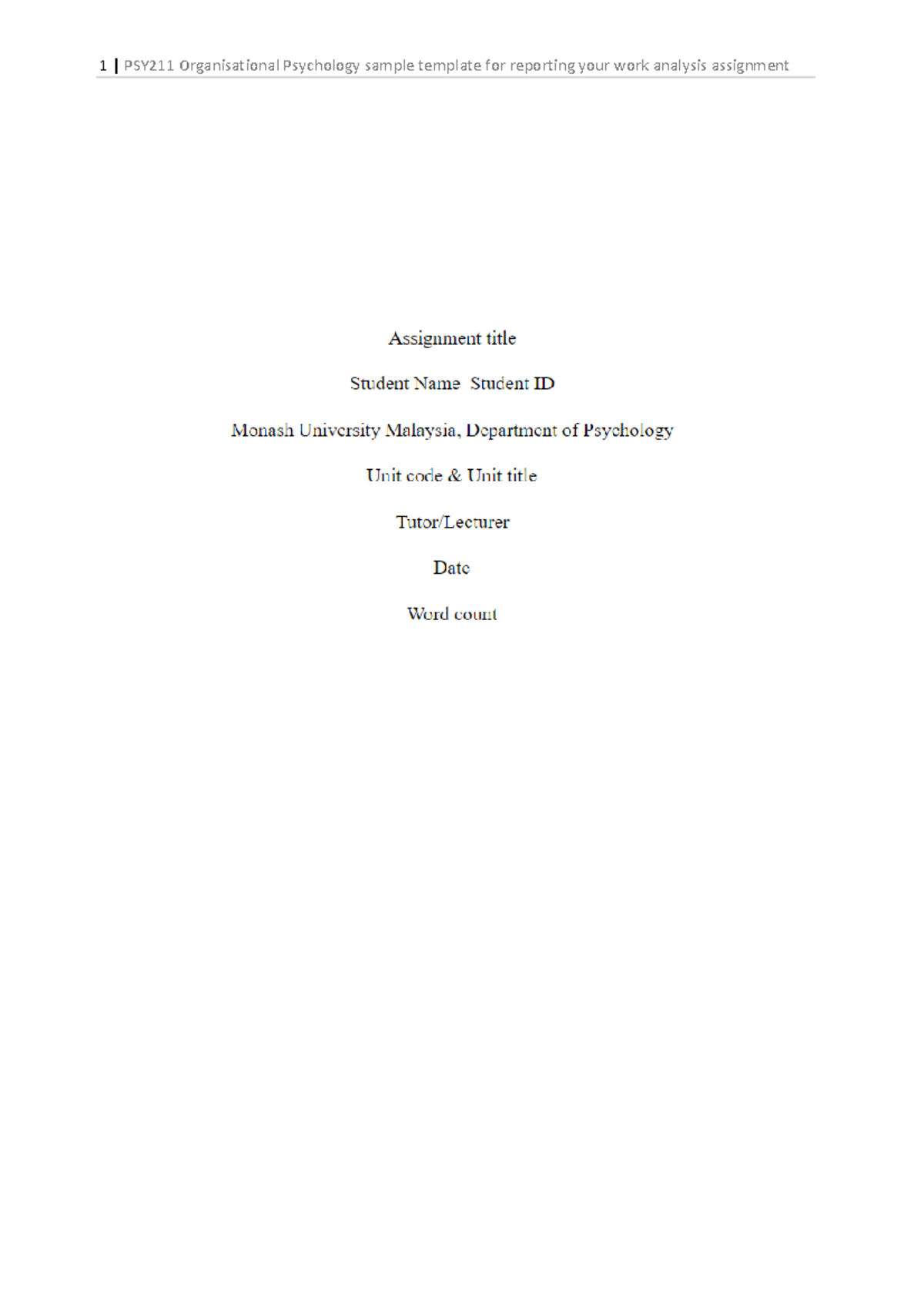 Work Analysis Assignment sample template - 1 | PSY211 Organisational ...