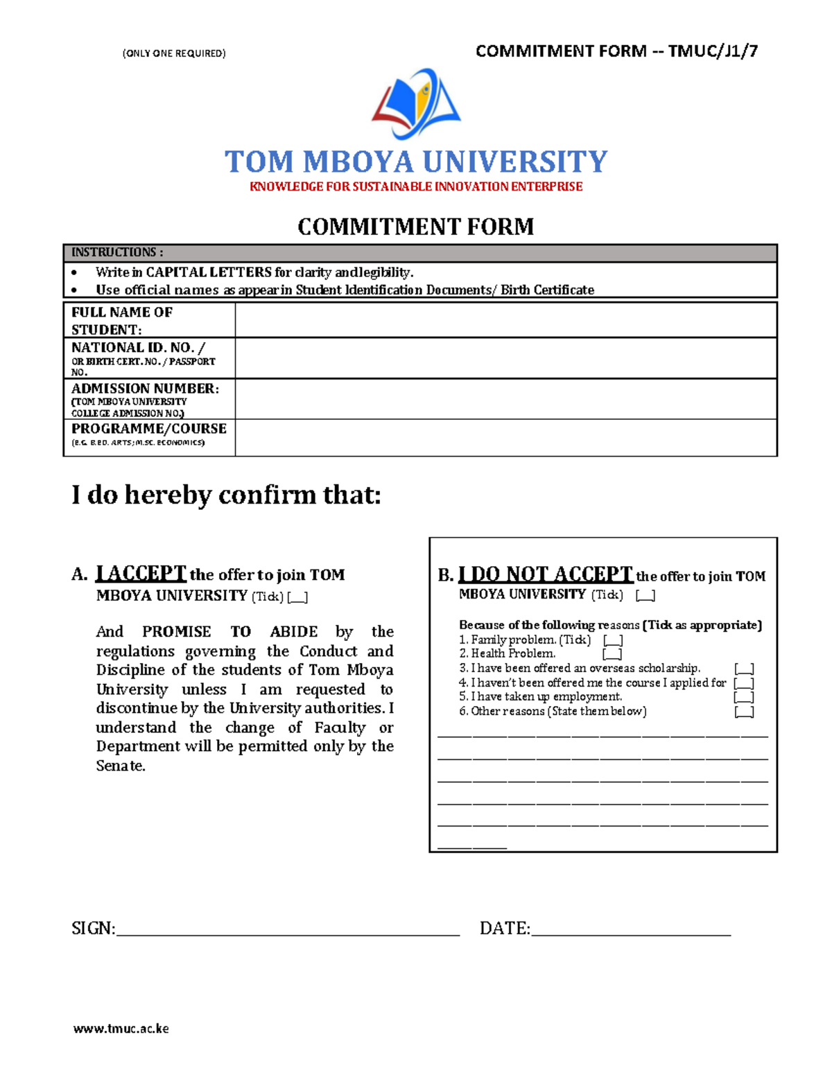 TMU-JI-7-Commitment Form 1 - (ONLY ONE REQUIRED) COMMITMENT FORM - TMUC/J1/ tmuc.ac TOM MBOYA ...