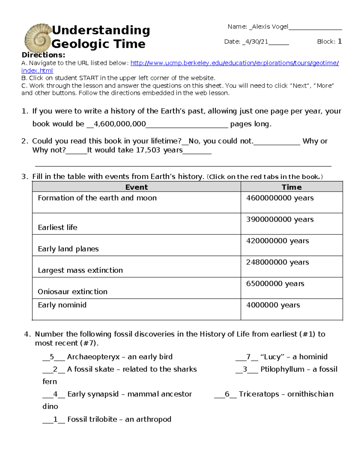 KEY- Understanding Geologic Time Web Quest F20 - Understanding Geologic ...