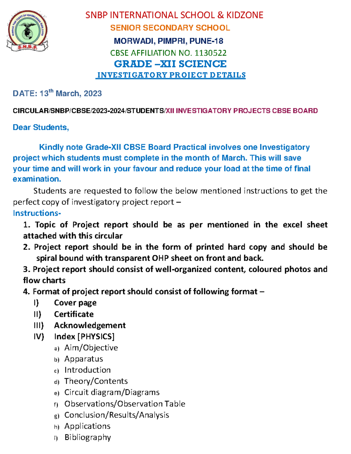 Grade - 12 Project Circular Physics, chemistry, Biology, IP - SNBP ...