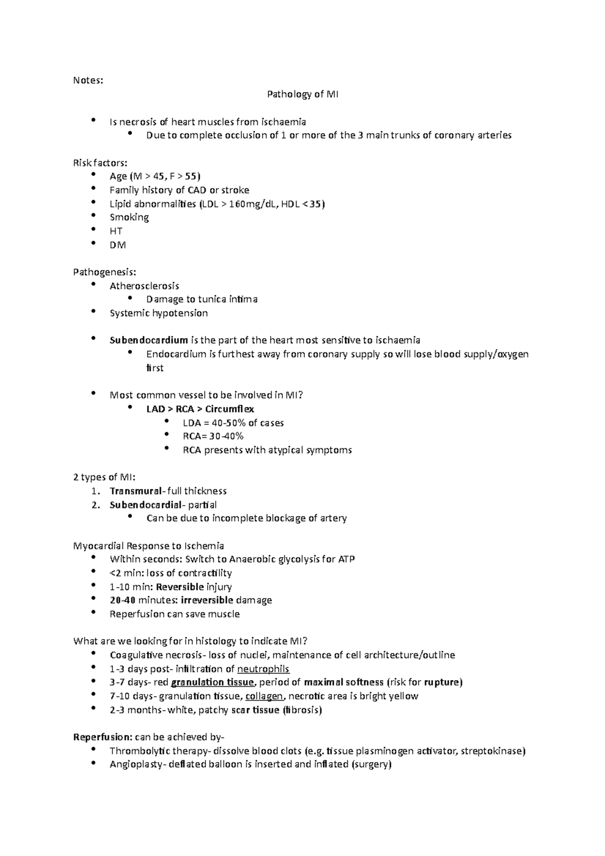 Pathology of MI - Notes: Pathology of MI Is necrosis of heart muscles ...