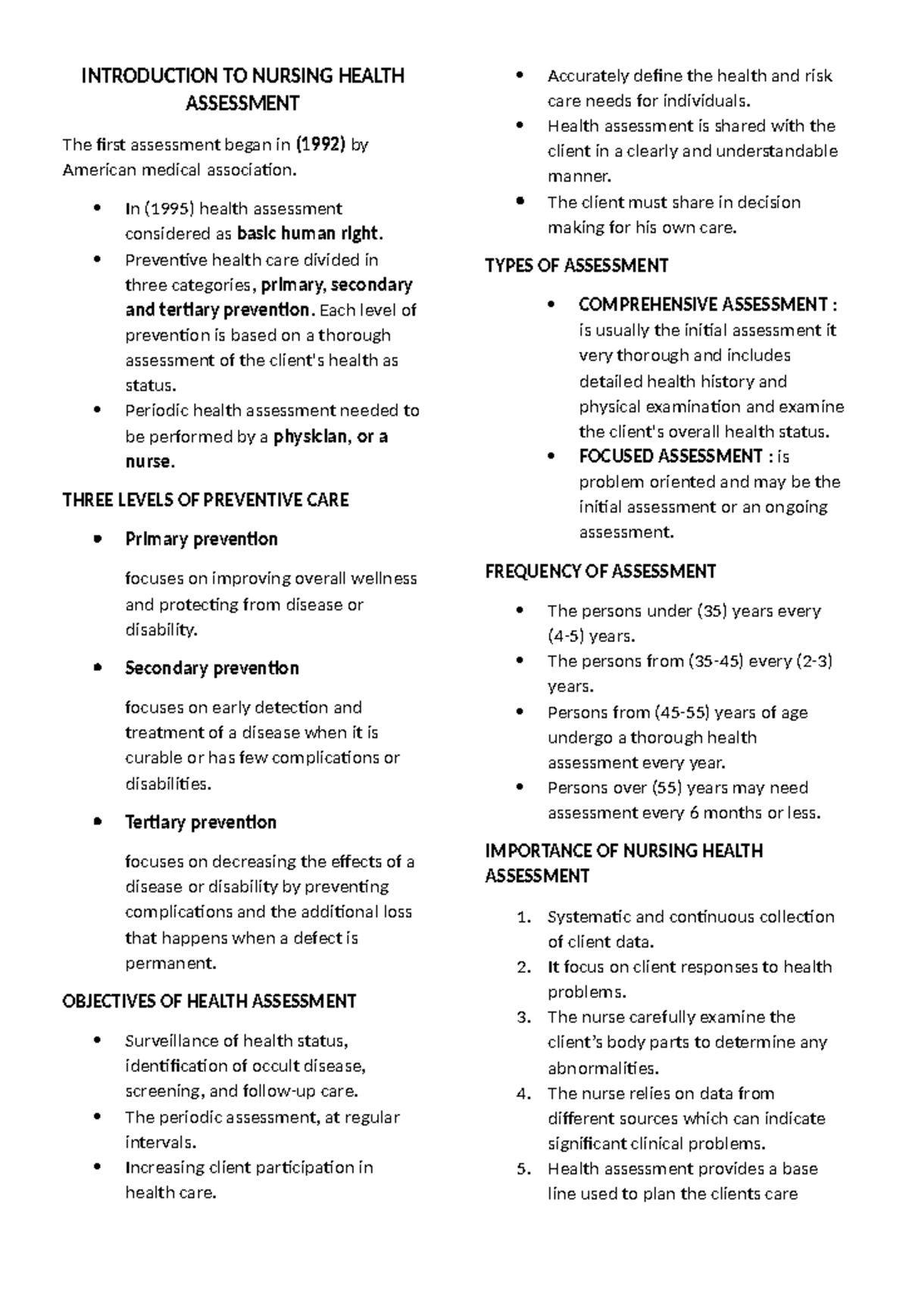 HA Notes - INTRODUCTION TO NURSING HEALTH ASSESSMENT The first ...