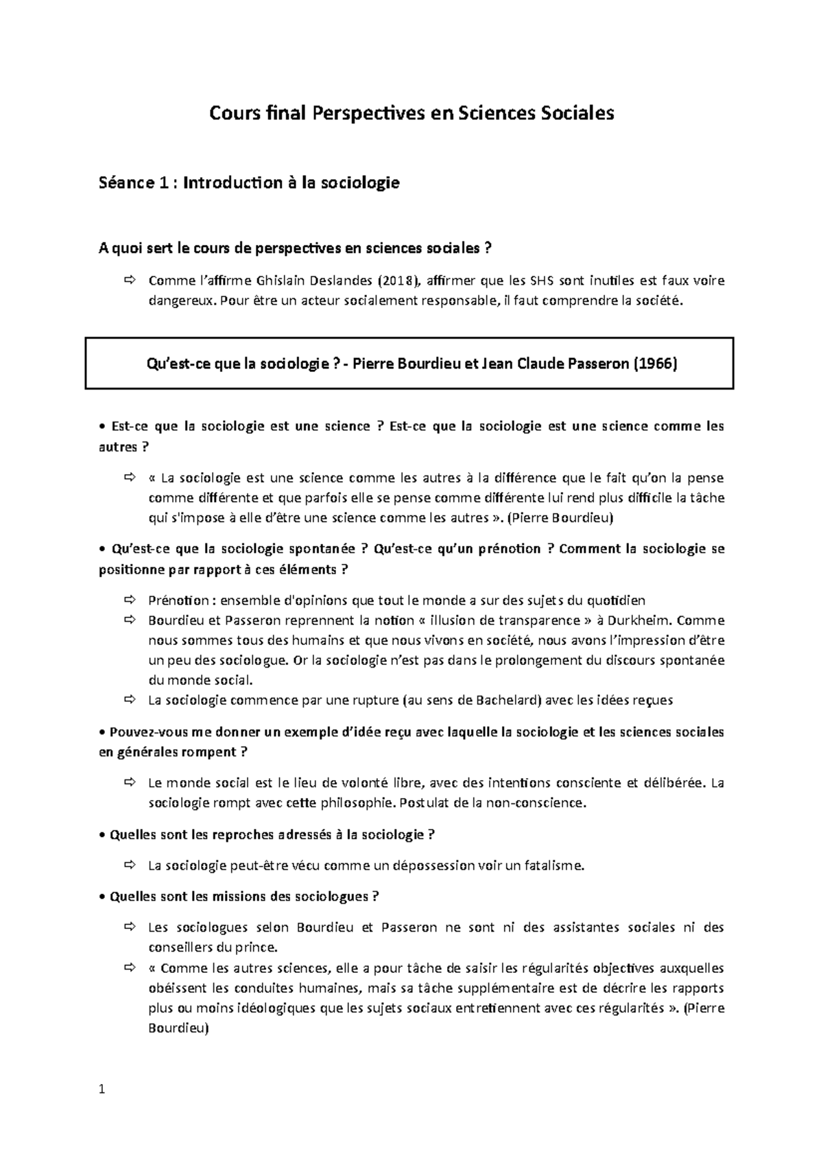 Cours final Perspectives en Sciences Sociales - Pour être un acteur ...