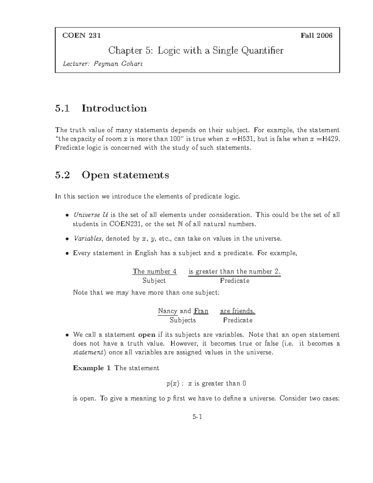 5 - COEN 231 chapter 5 - COEN 231 Fall 2006 Chapter 5: Logic with a Single Quantifier Lecturer ...