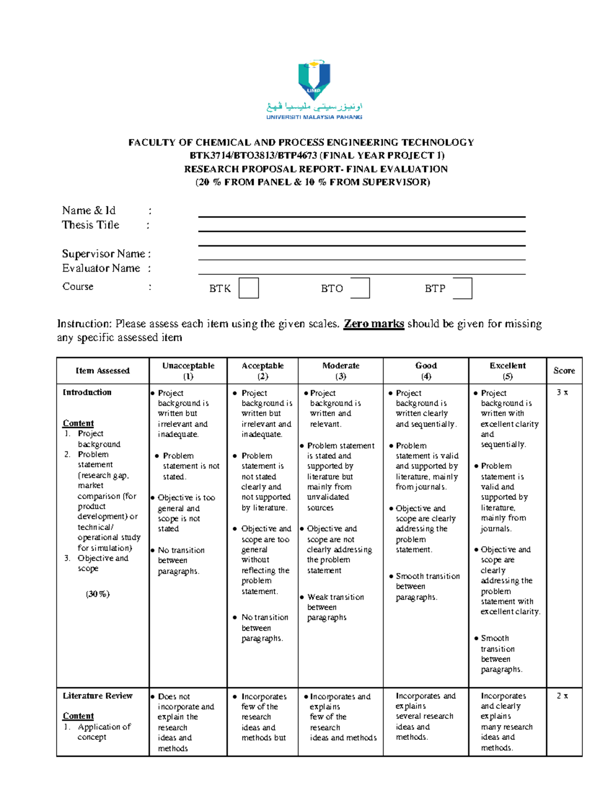 Rubric Final Proposal Report - FACULTY OF CHEMICAL AND PROCESS ...