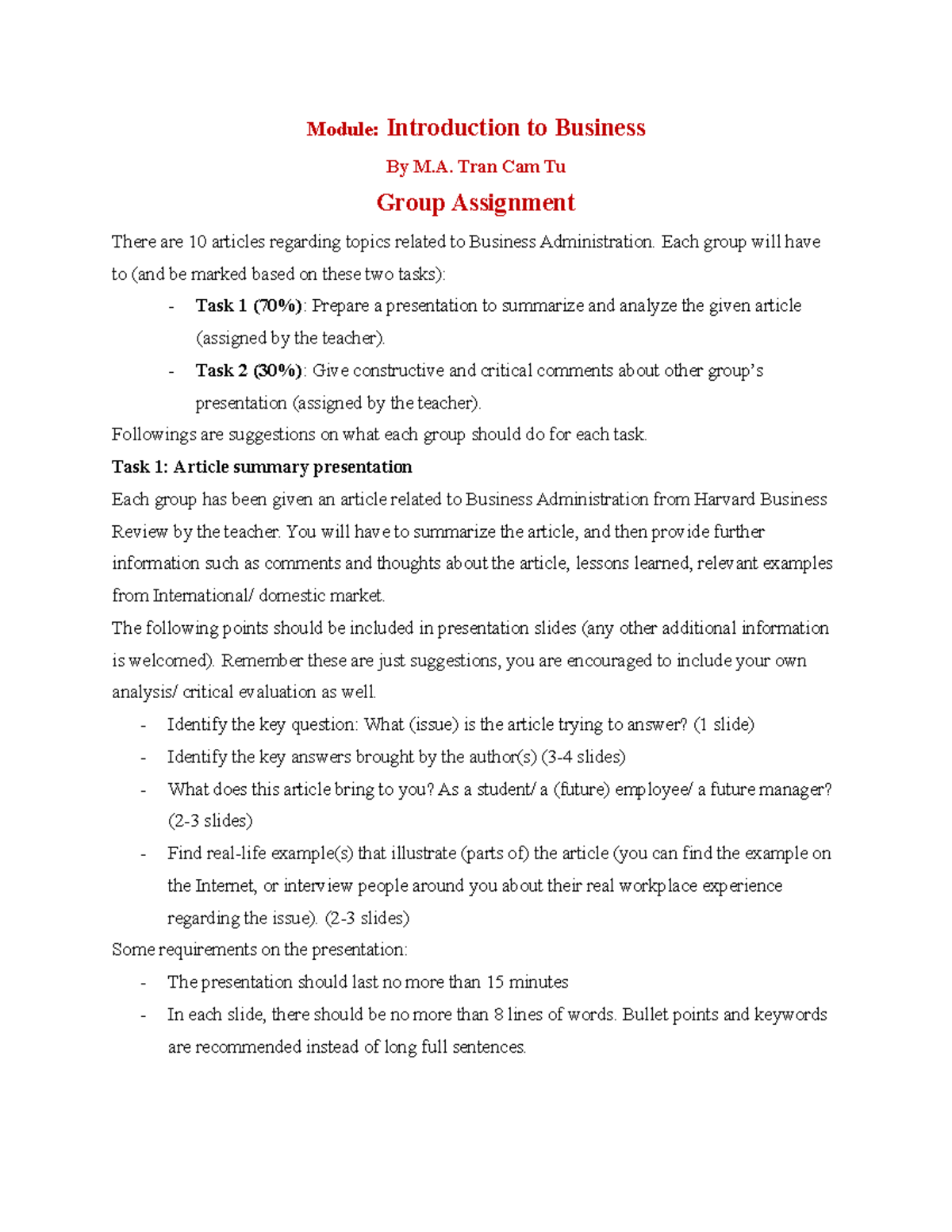 Group assignment requirement - Module: Introduction to Business By M. Tran Cam Tu Group ...