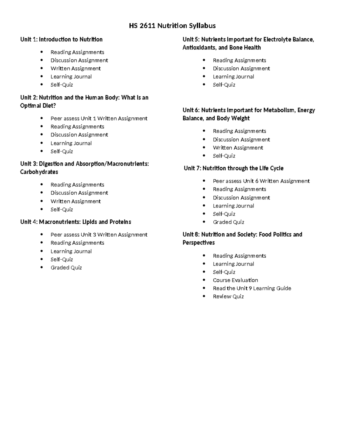 HS 2611: Nutrition Syllabus - HS 2611 Nutrition Syllabus Unit 1 ...